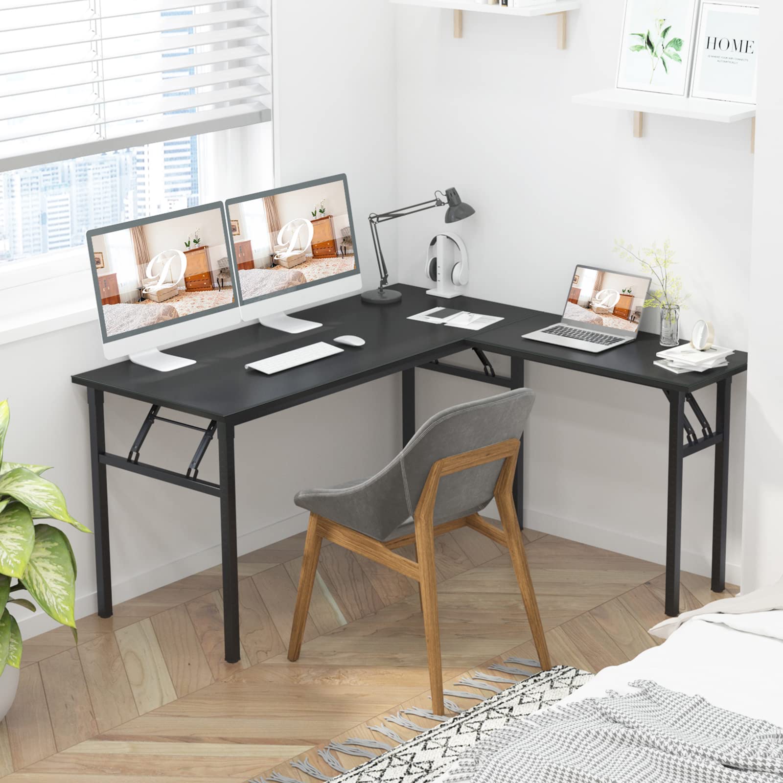 DlandHome Reversible L-Shaped Desk Large Corner Desk Folding Table Computer Desk Home Office Table Computer Workstation, Brown Black, ND11