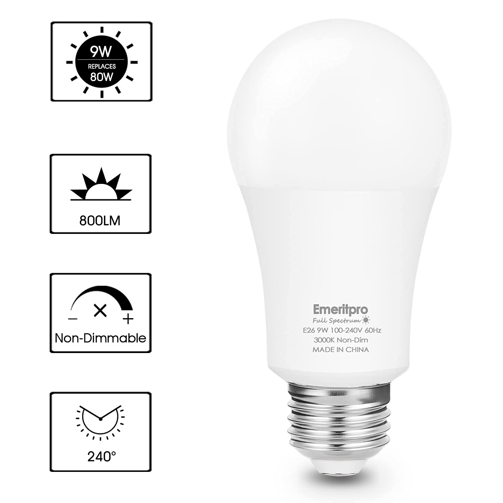 Emeritpro A19 Plant Light Bulbs, Full Spectrum Light Bulb E26 9W(80W Equivalent) for Plants, Therapy Lamp Bulb, 3000K Sunbeam for Greenhouse, Garden, Hydroponic, 2 Pack