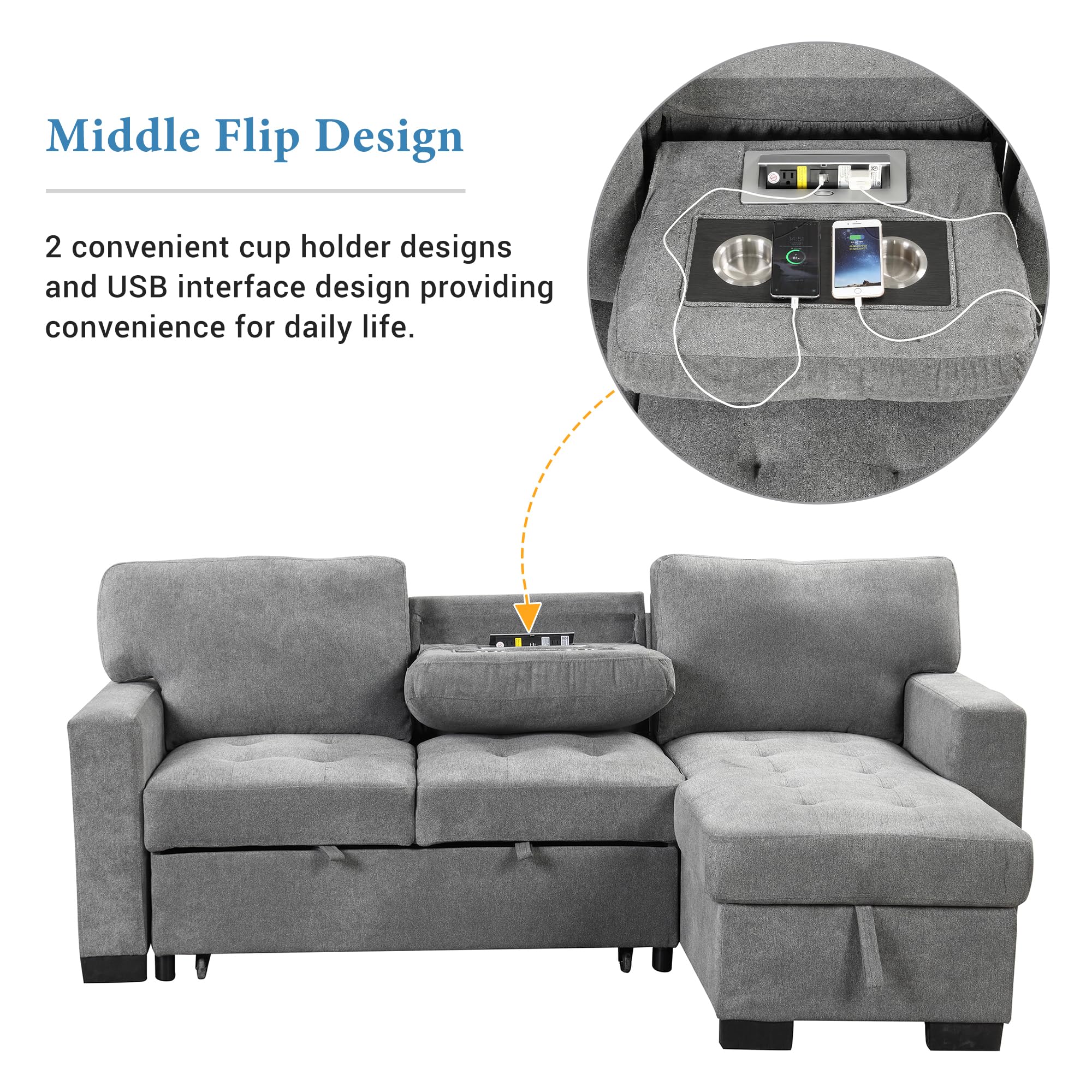 Polibi L-Shape Convertible Sofa with Storage Chaise, USB Charger, Cup Holders and Side Shelves, Velvet Multifunctional 3-Seat Couch, Pull-Out Sleeper Sofa Bed for Living Room, Bedroom, Grey