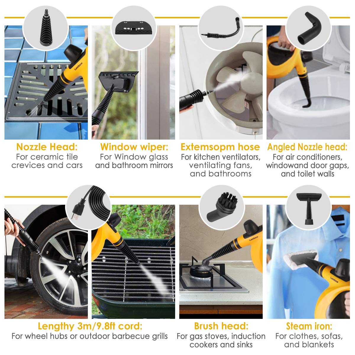 Handheld Pressurized Steam Cleaner with 9-Piece Accessory Set - Multi-Purpose and Multi-Surface All Natural, Chemical-Free Steam Cleaning for Home, Auto, Patio, More