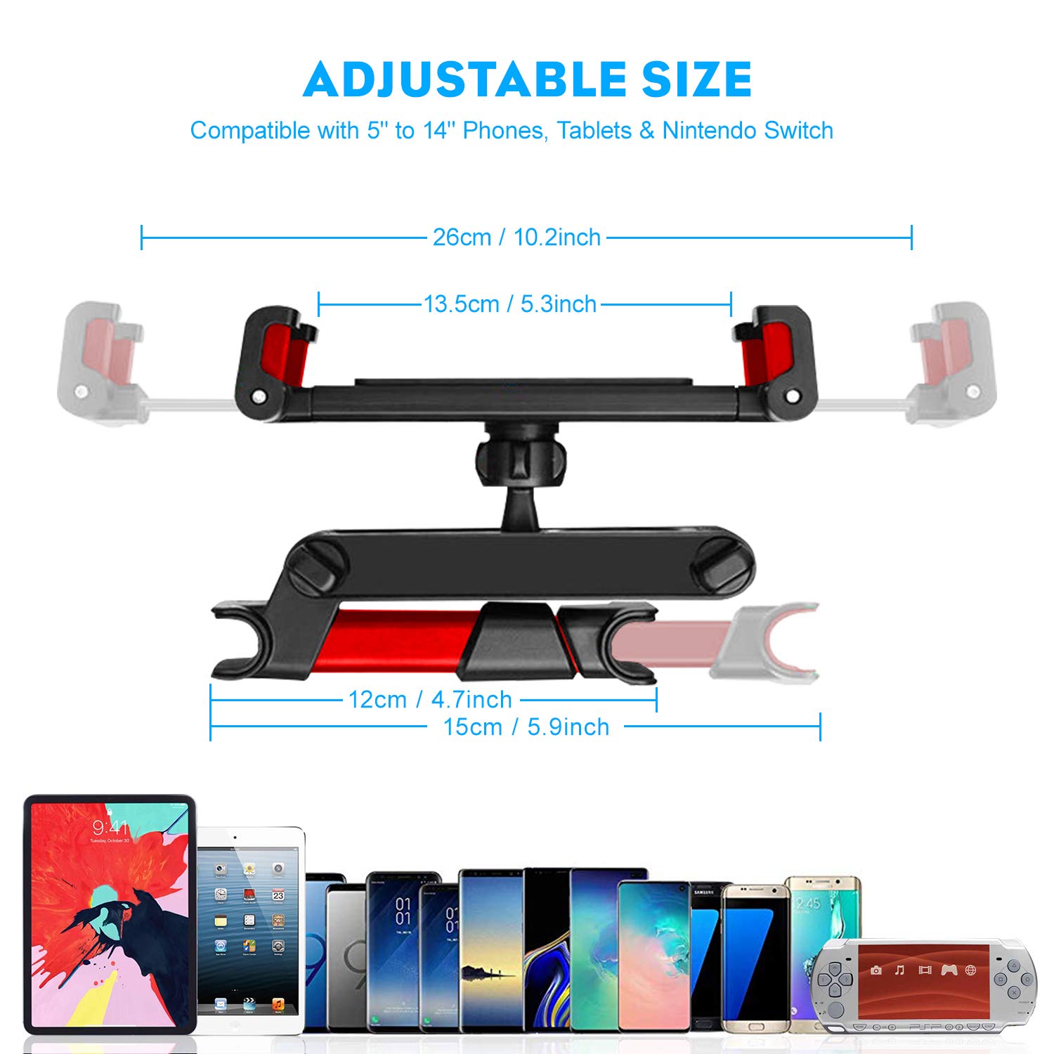 DM Tablet Holder for Car, Car Tablet Holder Back Seat for Kids, Headrest Tablet Holder Car Mount Compatible with iPad/Samsung Galaxy Tab/Switch/Kindle Fire/Microsoft Surface/Mobile Phone (Red)