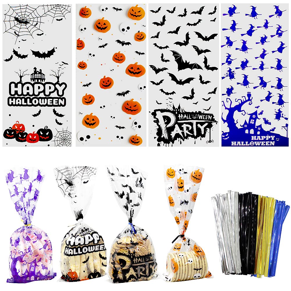 Hifunwu 120 PCS Halloween Cellophane Bags Halloween Treat Bags with Ties Trick or Treat Bags for Candy Cookie Goodies Gift Favor Halloween Party Supplies