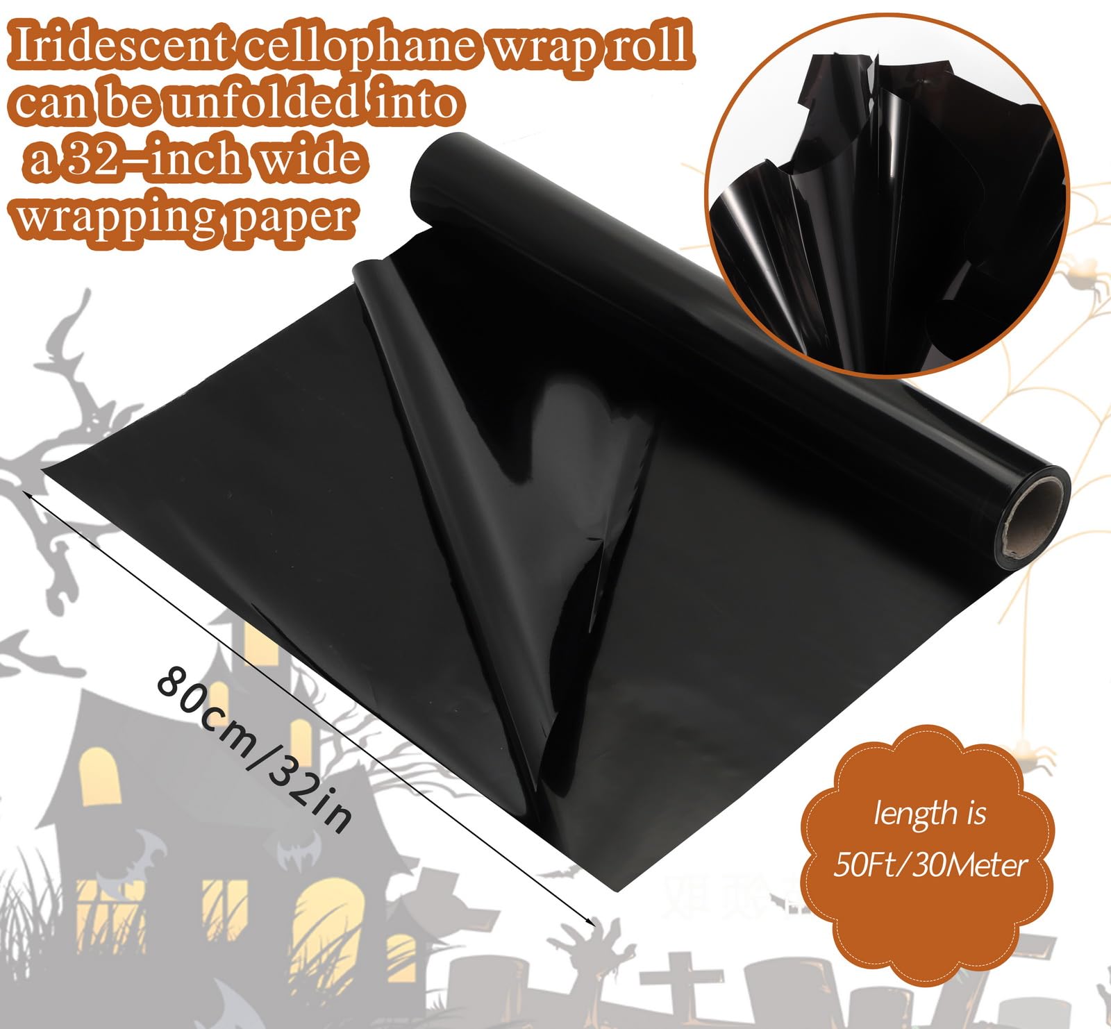 Pengxiaomei 32in x 50 Ft Black Cellophane Wrap for Gift Baskets Flower Halloween Wrapping Paper Cellophane Wrap Roll for Gift Halloween Wrapping (Black)