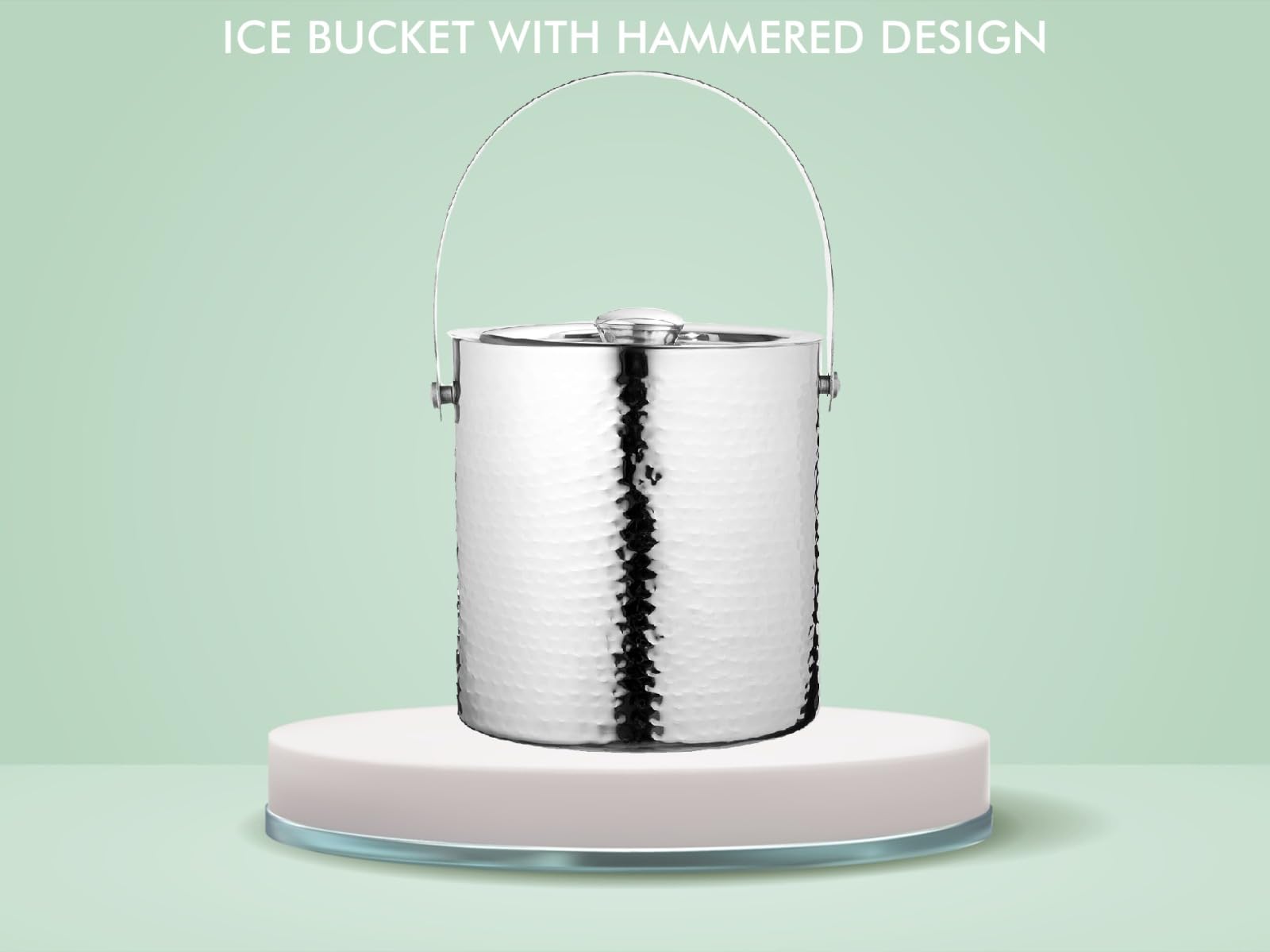 Ice Bucket With Lid, Insulated Hammered Ice Bucket for Cocktail Bar with Ice Tong, Double Walled Stainless Steel, 1.75 L, 1.84 Quarts, Ice Cold For 6 h with Handle (Silver Hammered)