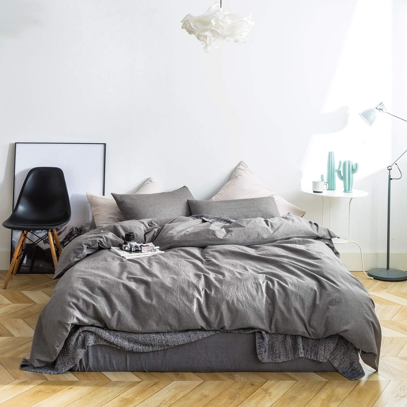 SUSYBAO Grey Duvet Cover 100% Washed Cotton Queen Vintage Gray Duvet Cover 3 Pieces Set 1 Solid Color Retro Duvet Cover with Zipper Ties 2 Pillowcases Soft Farmhouse Grey Bedding Set