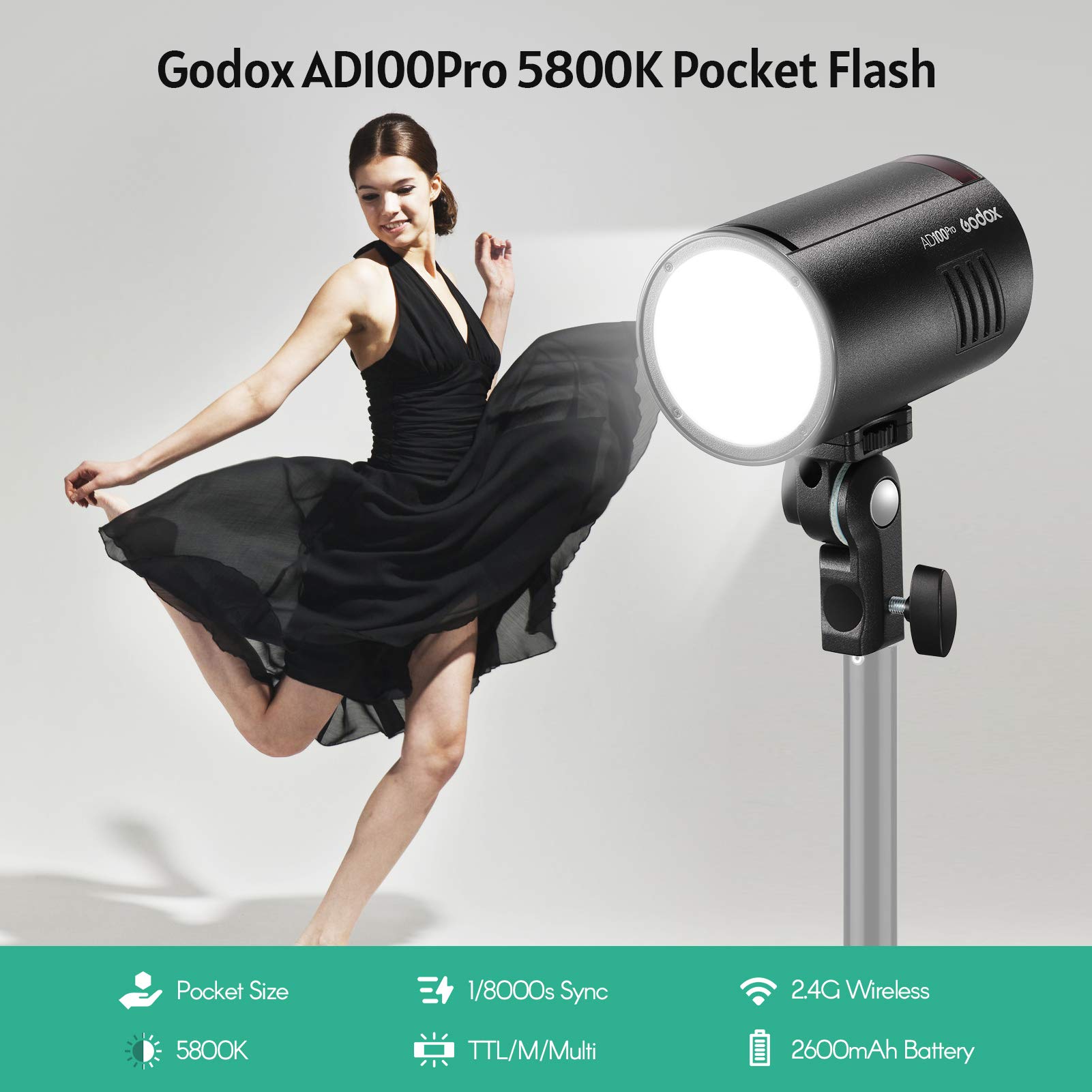 GODOX AD100Pro Studio Flash Light OLED Screen 5800K 1/8000s Sync TTL/Multi/M Flash Built-in 2.4G Wilreless X System 5 Groups 32 Channels with Rechargeable 2600mAh Battery with Godox S2 Flash Bracket