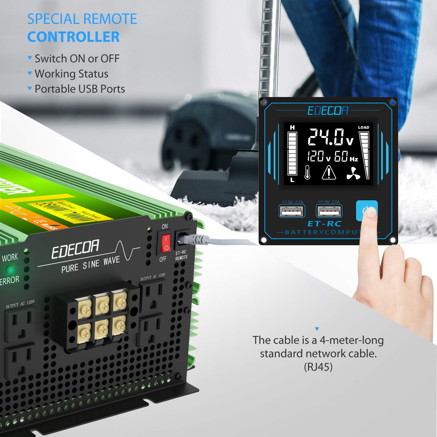 EDECOA 24V Pure Sine Wave Power Inverter 3500 Watt DC 24V to AC 110V 120V Power Converter with LCD Display and Dual USB Remote 4 AC Outlet and 1 Terminal Block