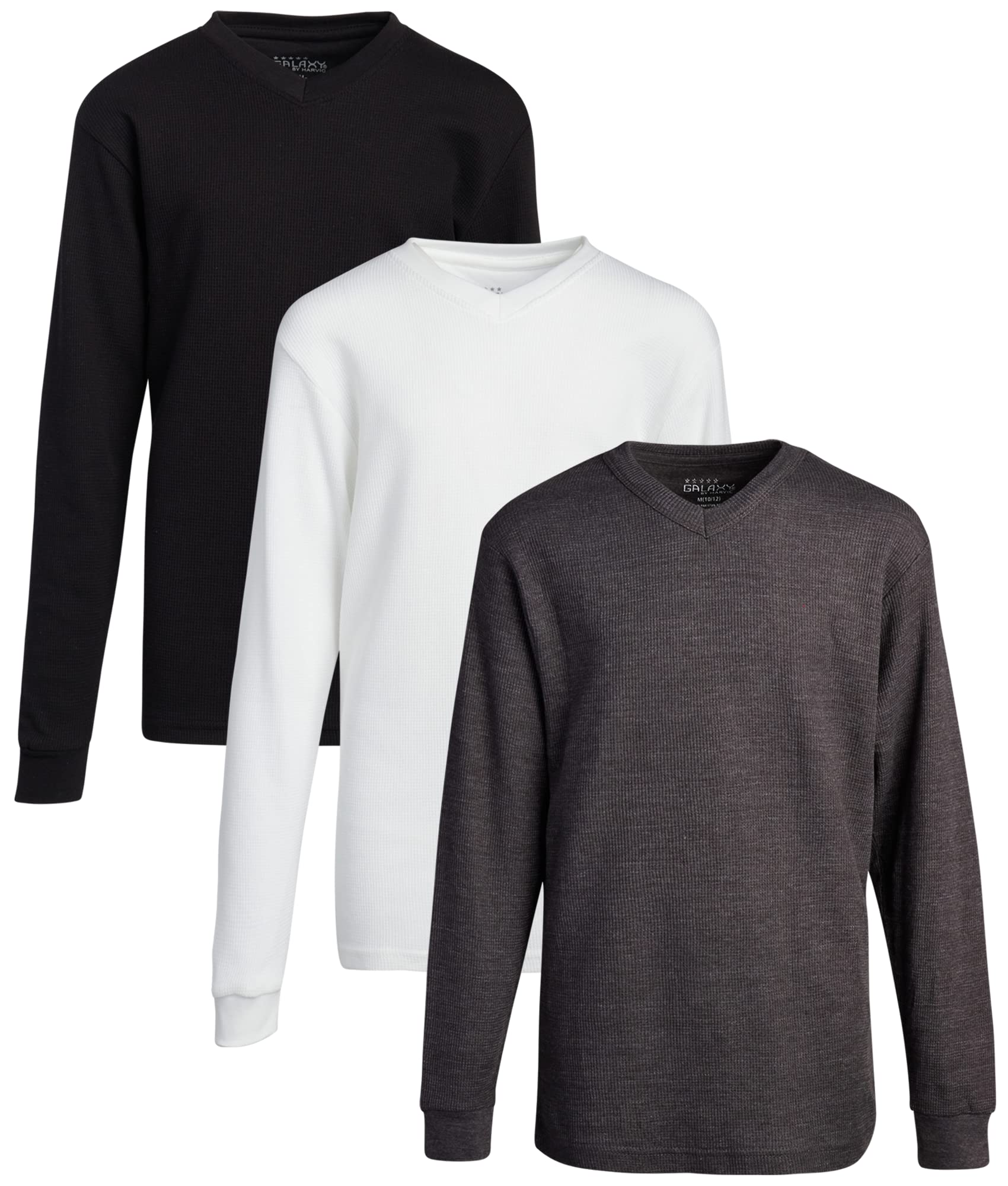 Galaxy by Harvic Boys' T-Shirt - 3 Pack Long Sleeve Thermal Waffle Knit Tee (S-XL), Size Large, White/Black/Charcoal/Vneck