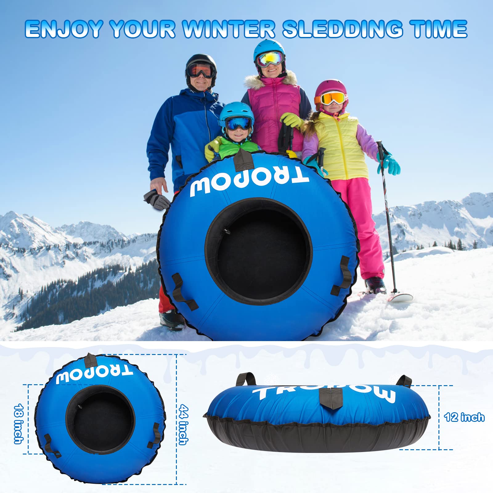 Heavy Duty Snow Tube,Inflatable 44 Inch Snow Sledding Tube, 600D Canvas Cover and Smooth Bottom with Rubber Pull Ring and Canvas Handles for Adults and Kids-Blue