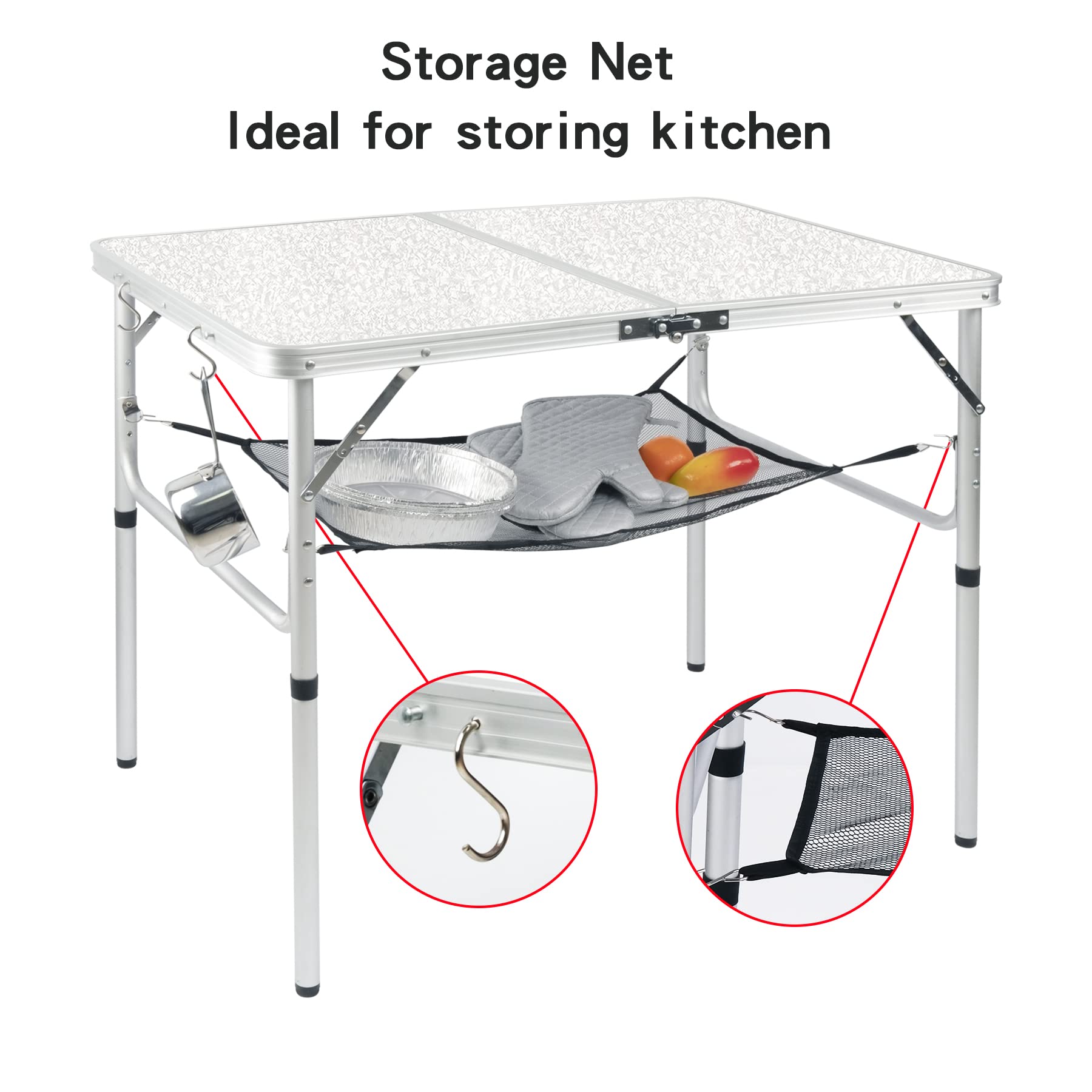 HONGBEI 3 Foot Folding Camping Table for Adults, Lightweight Foldable Table Adjustable Height with Aluminum Legs for Camping Trips, White