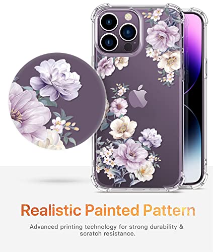 ROSEPARROT Designed for iPhone 14 pro max Case with Tempered Glass Screen Protector + Camera Lens Protector, Clear with Floral Pattern Design, Shockproof Protective Cover (Anemone Blooms)