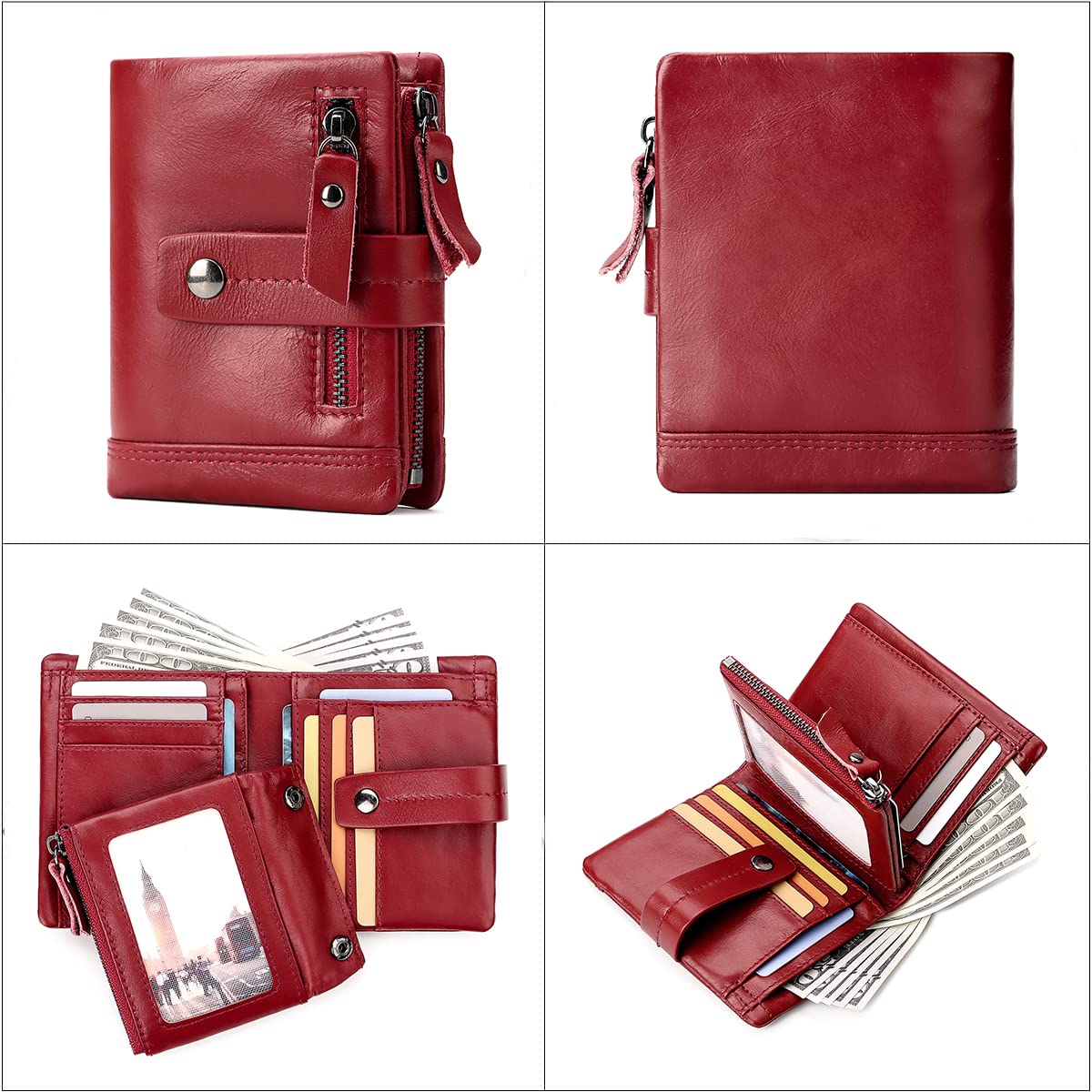 gzcz Small Women Wallet Genuine Leather RFID Blocking Bifold Purse with ID Window and Card Case Purse,Red