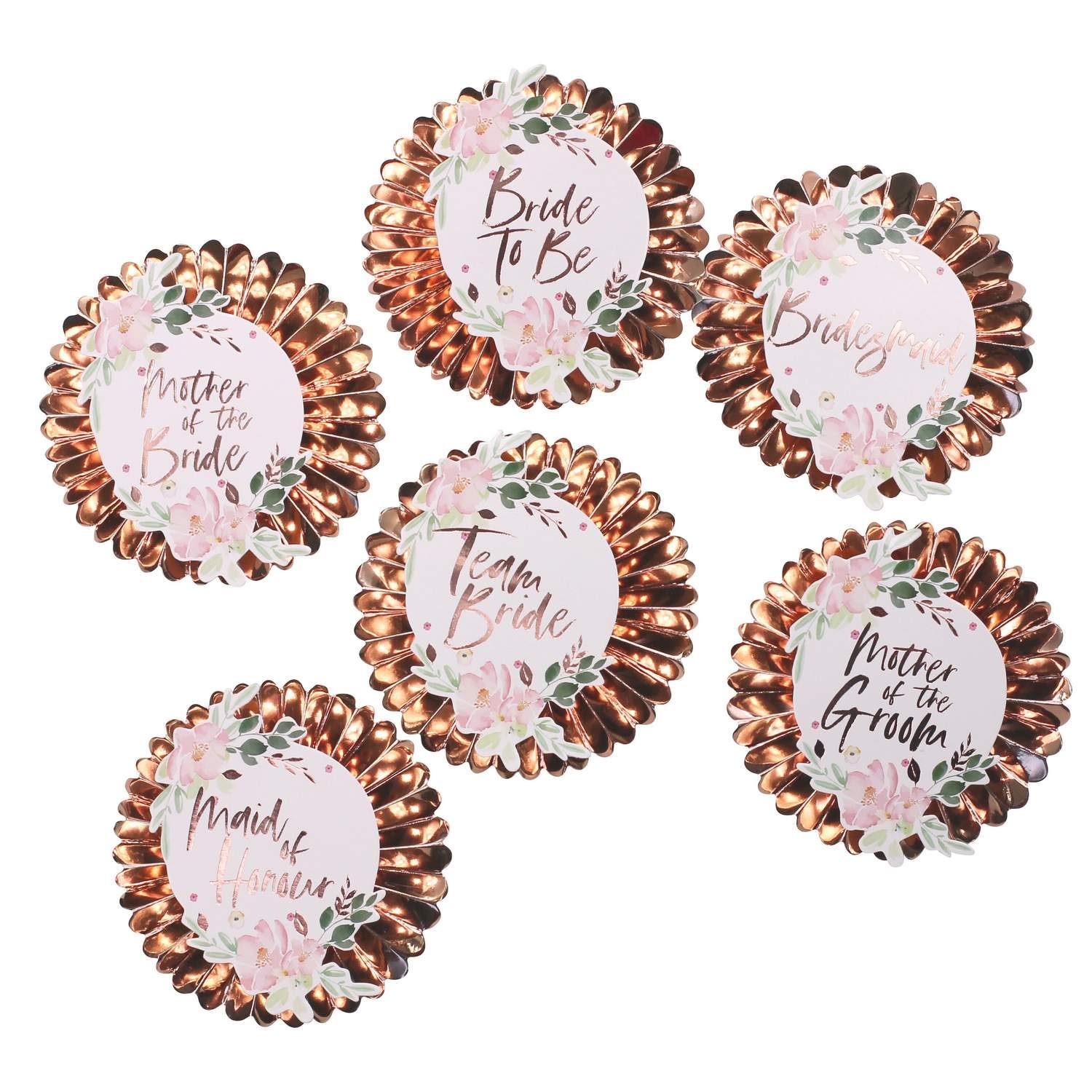 Ginger Ray Floral Bachelorette Party Rose Gold Badge Kit 6 Pack