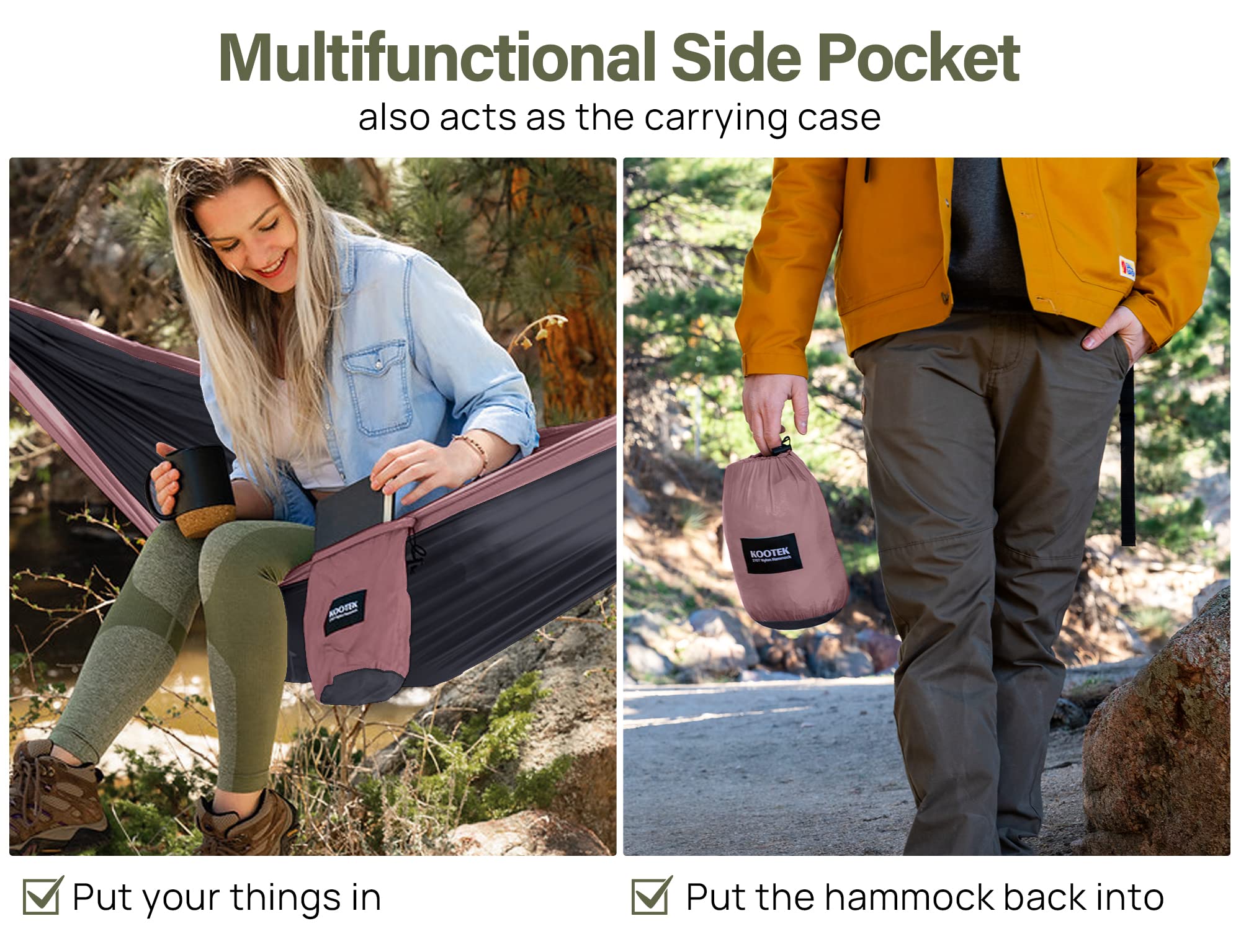 Kootek Camping Hammock Single Portable Hammocks Camping Accessories for Outdoor, Indoor, Backpacking, Travel, Beach, Backyard, Patio, Hiking, Charcoal Rose