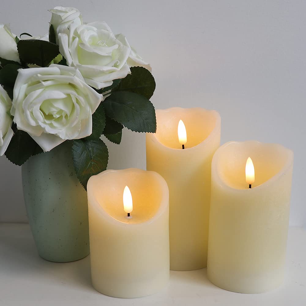 Eldnacele Flameless Flickering Candles with Timer, 3D Wick Real Wax Battery Operated Red Pillar Candles with 6H Timer Set of 3 for Home Wedding Party Christmas Decoration (D3β x H4β5β6β)