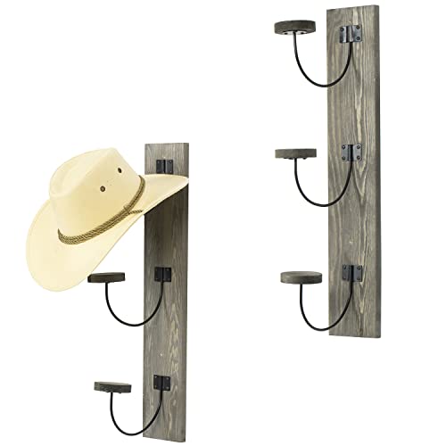 MyGift Wall Mounted Black Metal Wire Vertical Hat Display Rack with Vintage Gray Solid Wood Backing, Wall Baseball Cap Display, Entryway Hat and Coat Storage Hooks, Set of 2