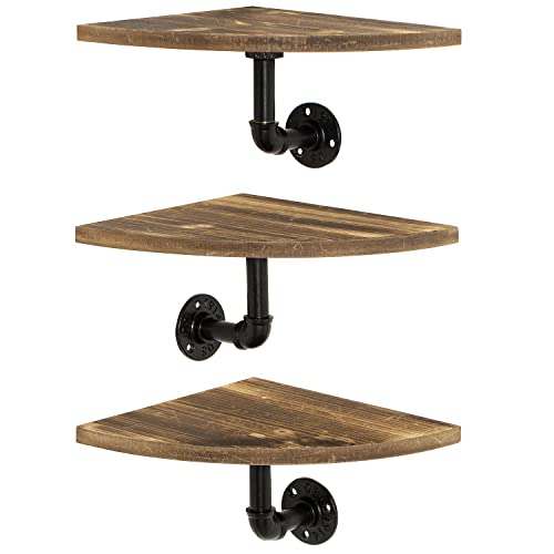 MyGift Wall Mounted Floating Corner Shelves, Rustic Burnt Solid Wood Rounded Corner Shelf with Black Metal Pipe Mounting Brackets, Set of 3