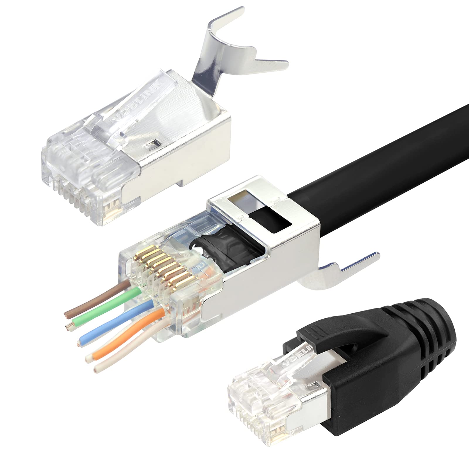 VCELINK Cat7 Cat6A RJ45 Pass Through Connectors Shielded 30-Pack, 3-Prong 50μ Gold Plated Modular Plug Ethernet Ends with Strain Relief Boots (Black)
