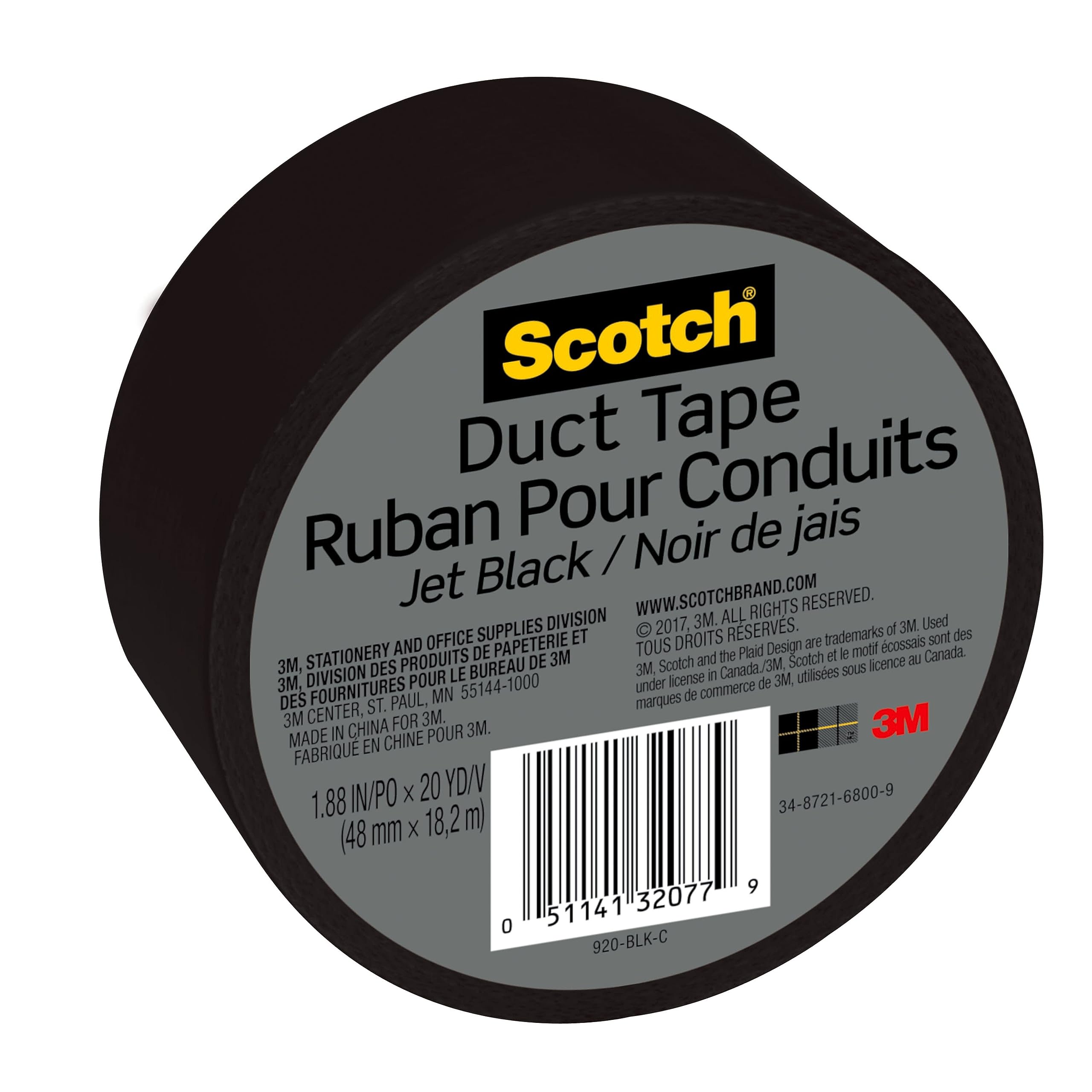 Scotch Duct Tape , 1.88 in x 20 yd, Jet Black, 1 Roll (920-BLK-C)