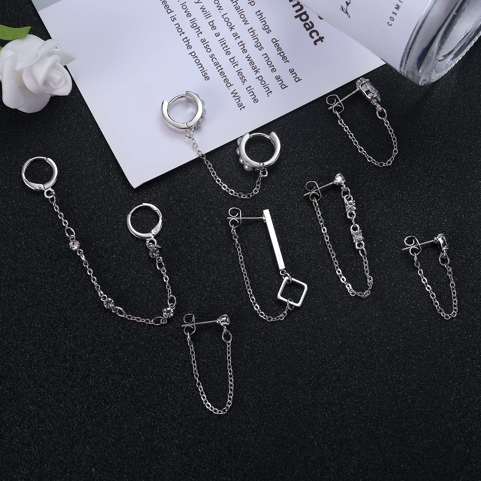 Fiasaso 14 Pcs Chain Hoop Earrings Minimalist Bar Stud Earrings with Chain Moon Star CZ Rhinestone Dangle Earrings Double Piercing Earrings Set For Women