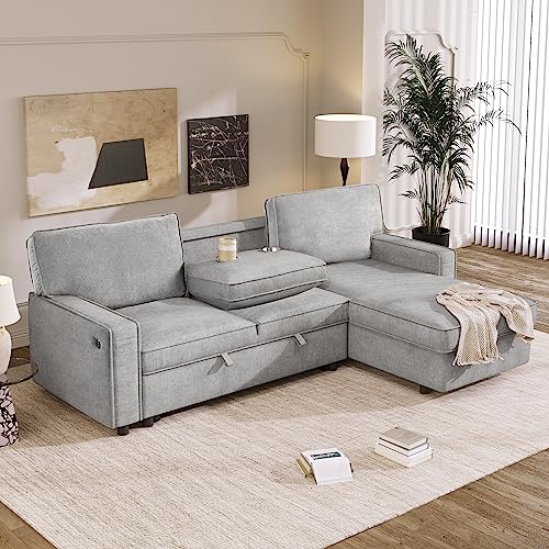 ERYE Multifunctional Sleeper Sectional Pull Bed and 2 Cupholders, Modular 3 Seaters Corner Sofa & Couch Convertible Sleep Sofabed W/Storage Chaise Port for Living Room, L-Shaped & USB, Gray