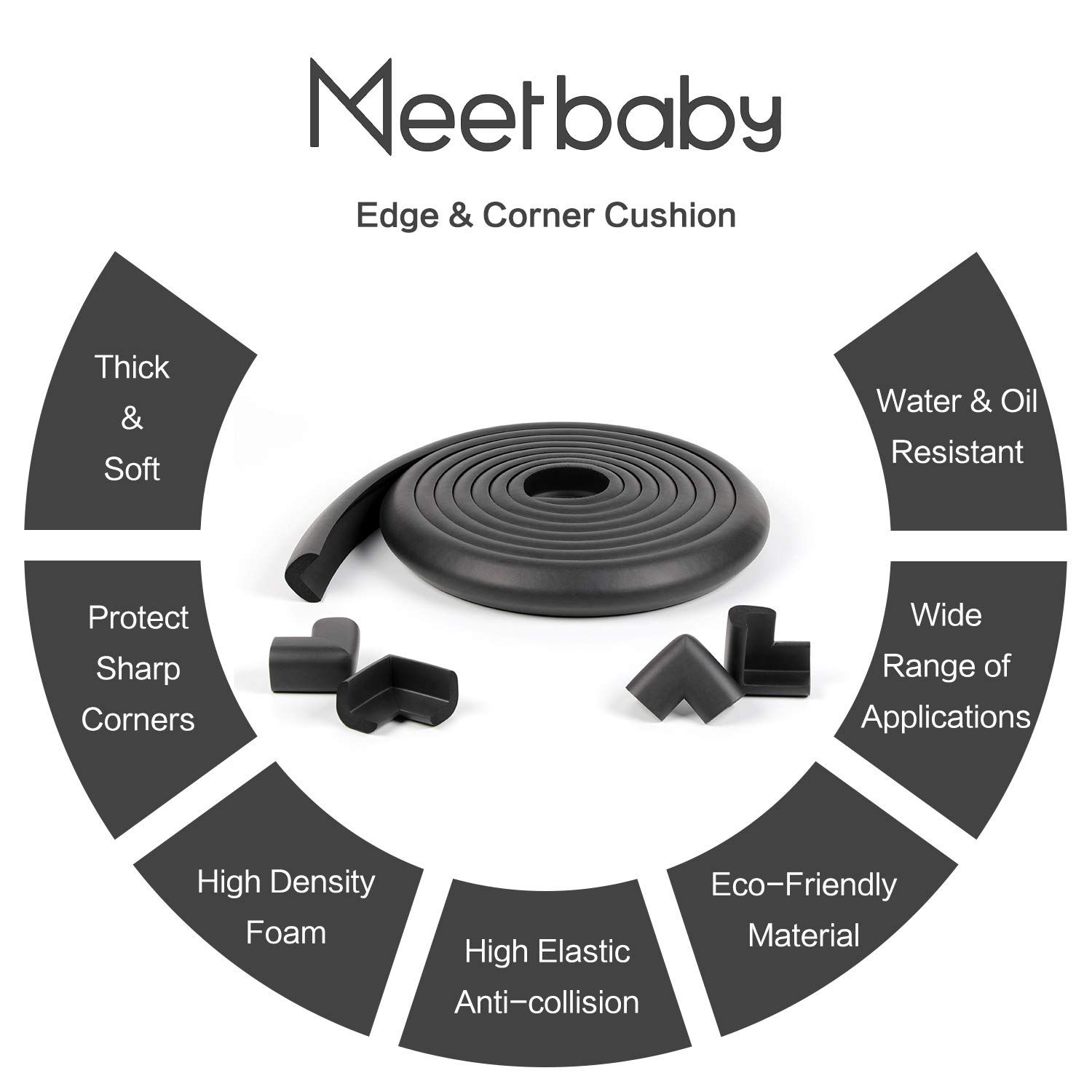 Edge & Corner Guards Baby Proofing Foam - Safety Furniture Bumper Table Protectors - Corner Cushion Set 20.4 ft(18 ft Edge + 8 Corners, Black) - MEETBABY