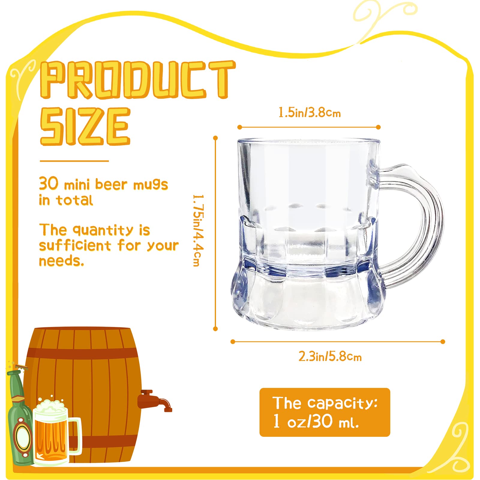 Irrmshr 30 Pcs Mini Plastic Beer Mugs,1 oz Clear Plastic Beer Glasses,Shot Glasses with Handles,Reusable Beer Stein Tasting Glasses Whiskey Juice Cups for Drinking Beer Festival Party BBQ