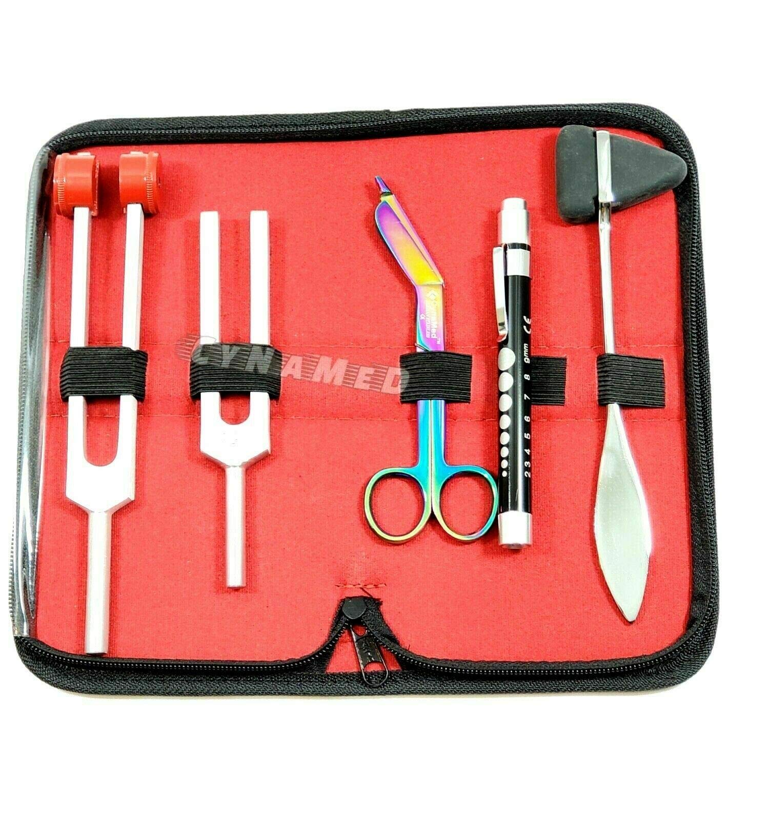 Premium Student Diagnostic Kit- Reflex Hammer & Tuning Fork Set C 128 And C 512 + Wartenberg Pinwheel Premium Steel Bandage Scissor 7.5” (Set Of 5 Rainbow Scissors Reusable Penlight)