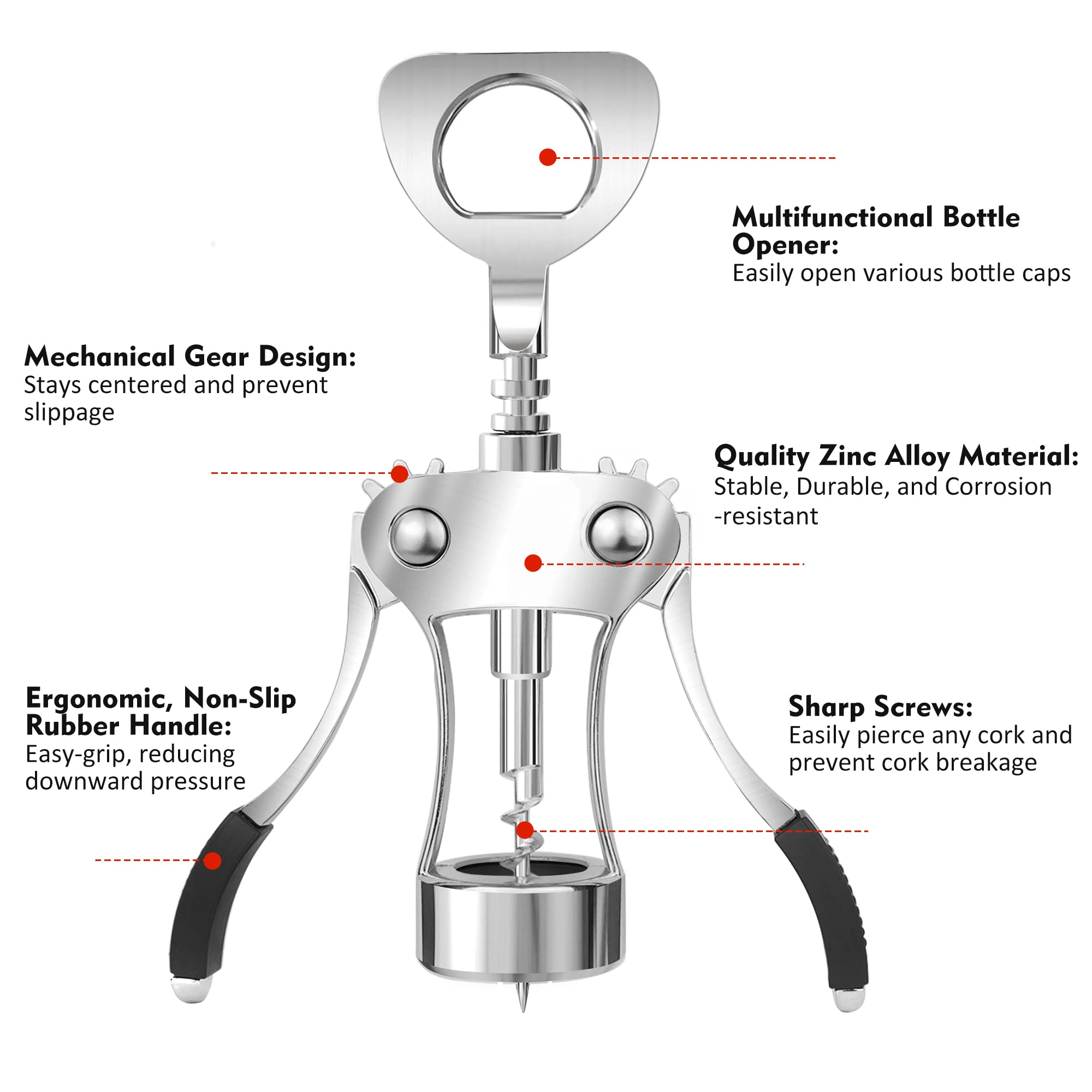 KORCCI Wine Opener, Wine Bottle Opener, Zinc Alloy Wing Corkscrew Heavy Duty, Cork Screw Beer Opener for Bartenders, Multifunctional Bottle Opener for Home Kitchen, Restaurant, Bar, Waiters