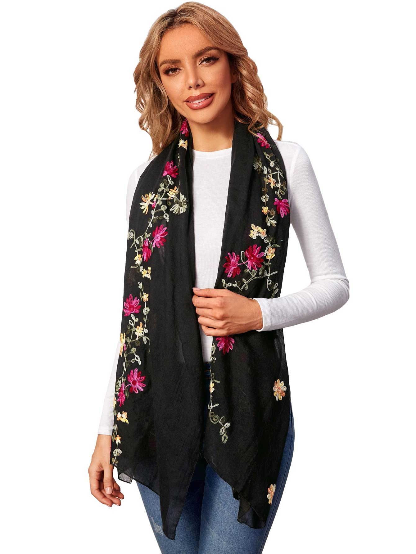 Floerns Women's Floral Embroidery Scarves Scarf Shawl Sunscreen Shawl Wrap Mint Green Leaf One Size