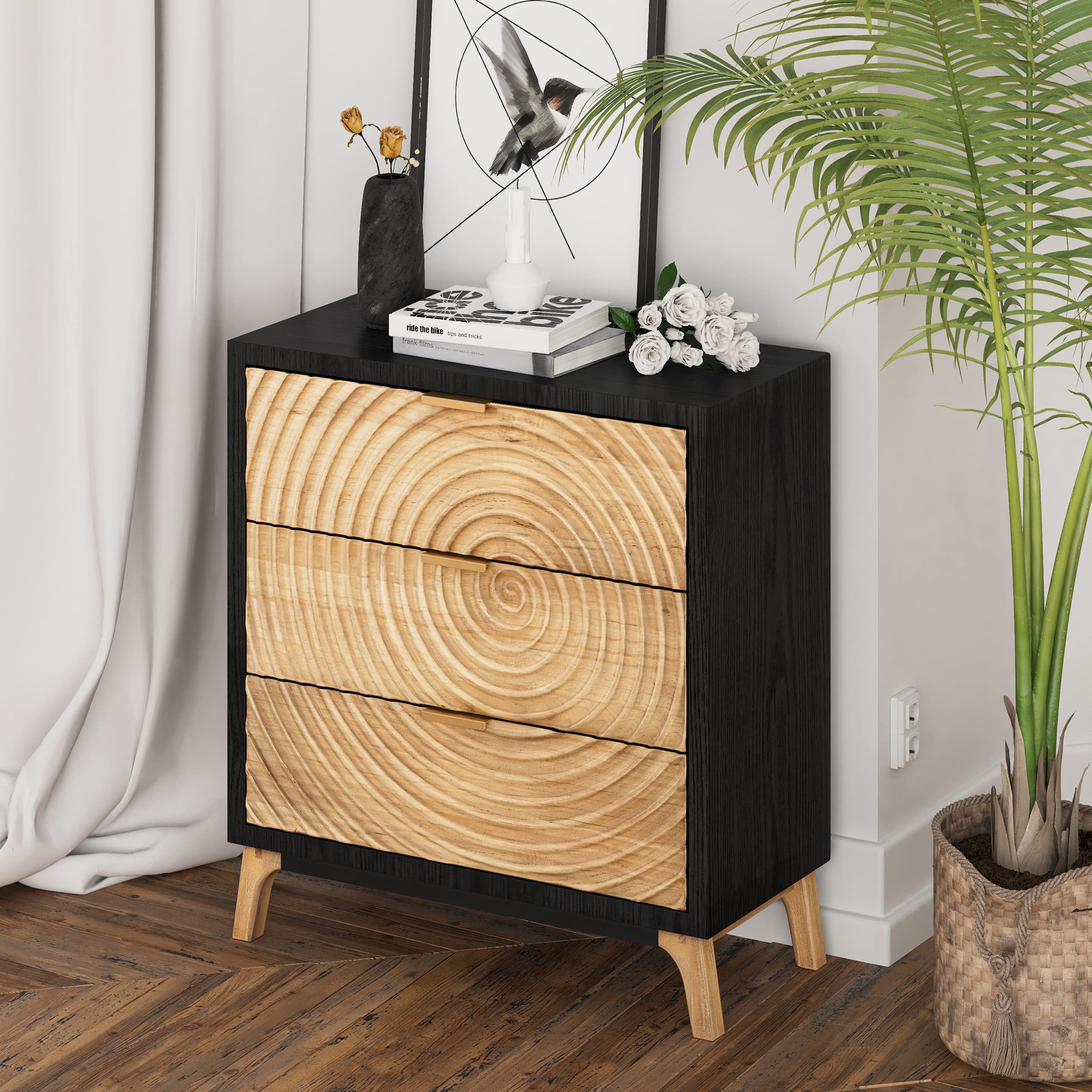 LONYKE 3-Drawer X 2P Farmhouse Dresser with Handcrafted Wood Ring Motif, Black Nightstand for Bedroom, Fully-Assembled, Morden Rustic