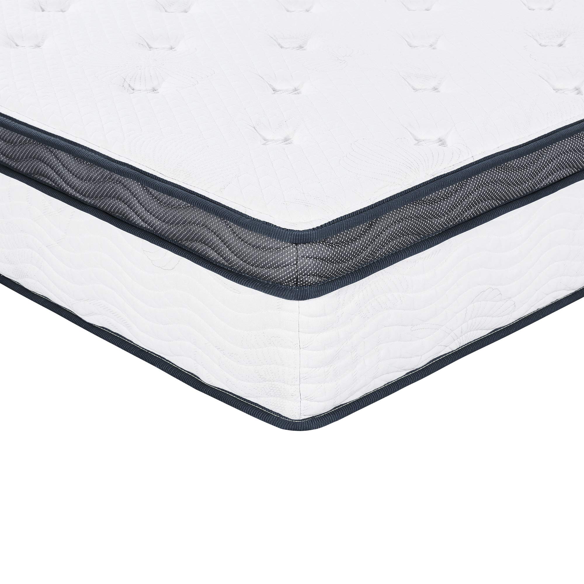 PrimaSleep 12 inch Euro Top Spring Mattress,White,Comfort Layers,Dark Green Piping, (Queen)