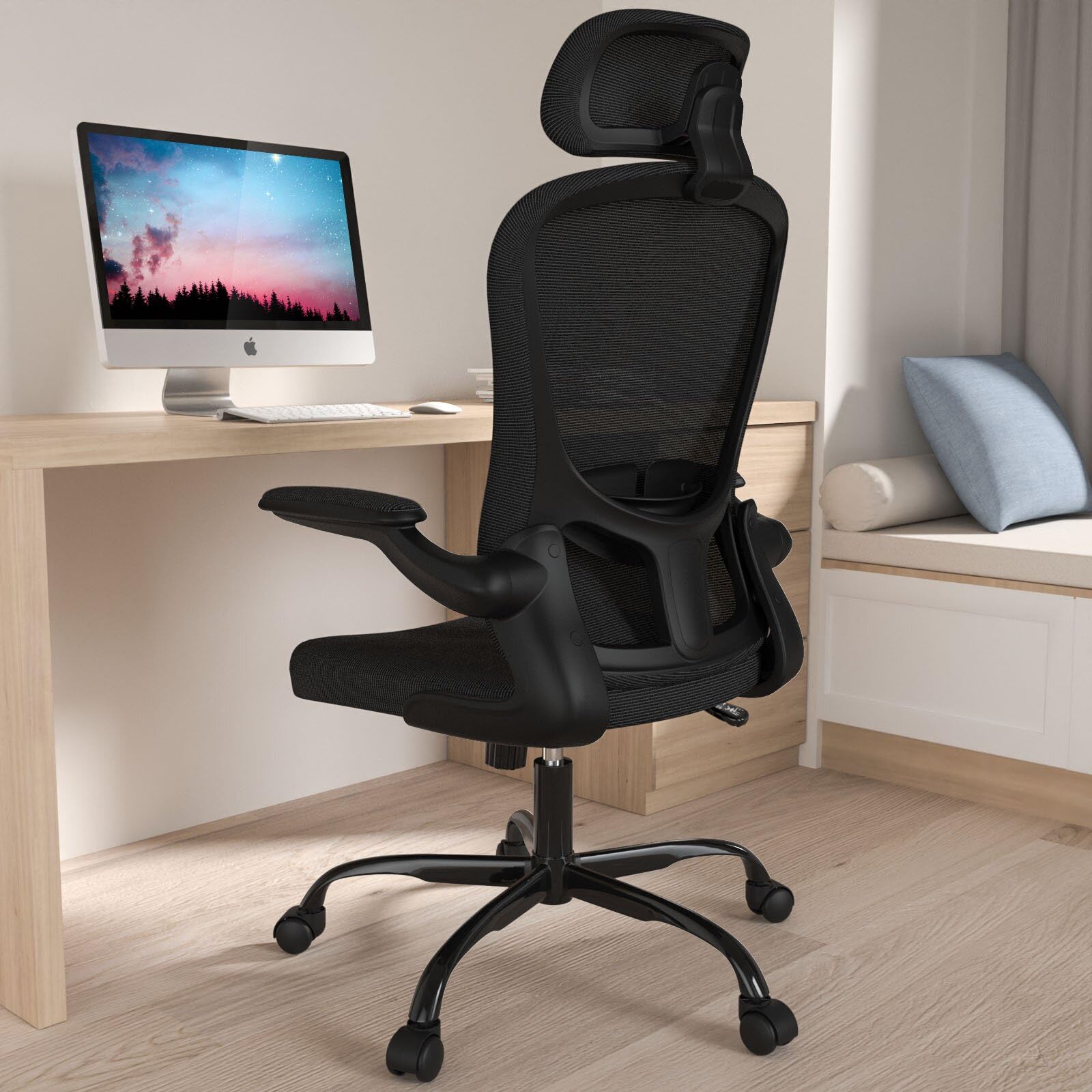 Ergonomic Office Chair, Comfortable Swivel Computer Chair, Breathable Mesh Desk Chair, High Back Home Office Chair with Flip-up Arms and Lumbar Support