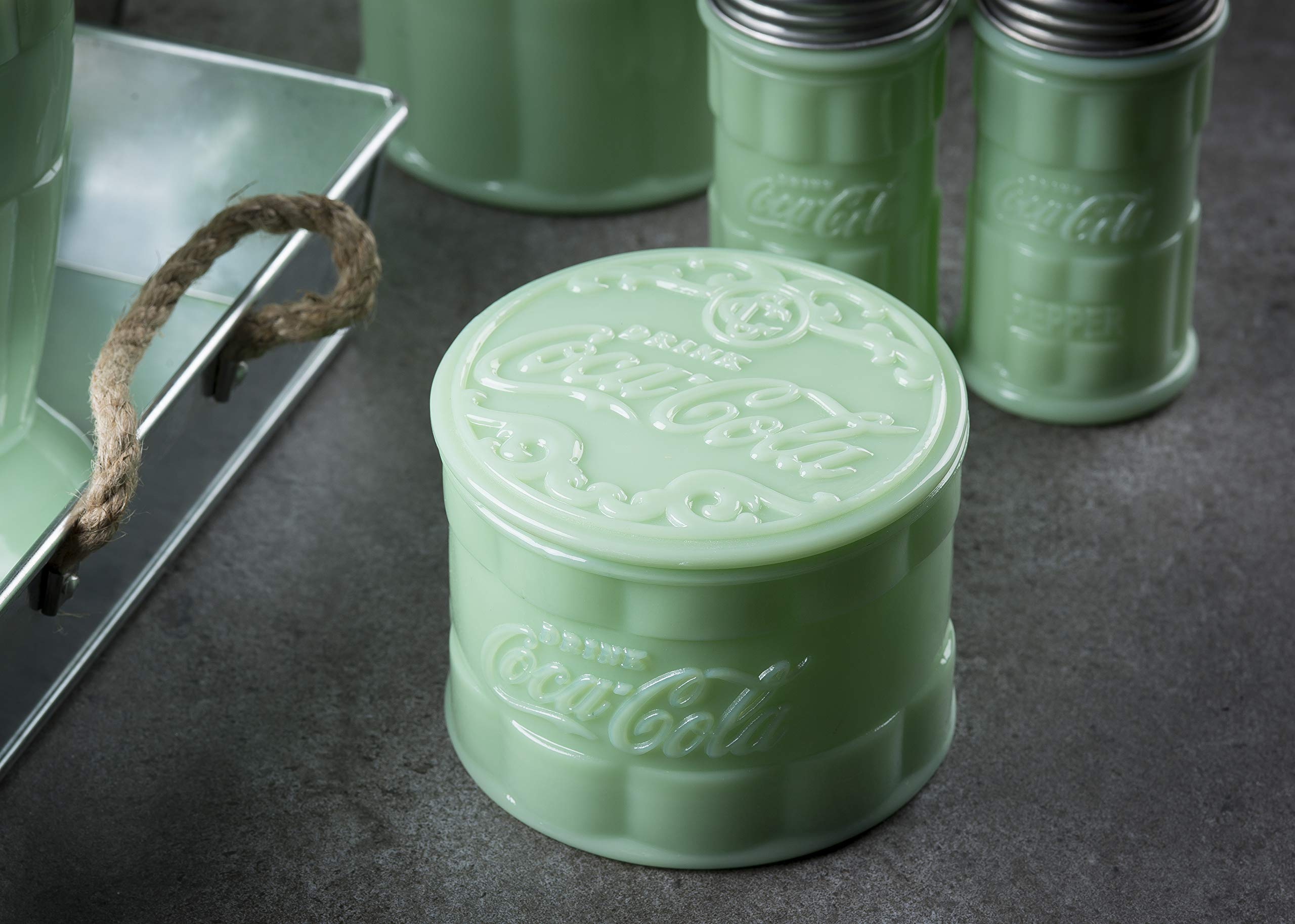 TableCraft's Coca-Cola Jadeite Salt Cellar with Lid 4.25 x 4.25 x 3.75", Green