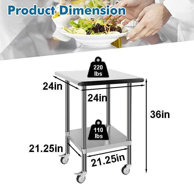 MYOYAY Commercial Stainless Steel Table with Caster Wheels 24"x24" Kitchen Worktables with Backsplashs Prep Food Workbench Under Shelf 110~220lbs Capacity for Restaurant