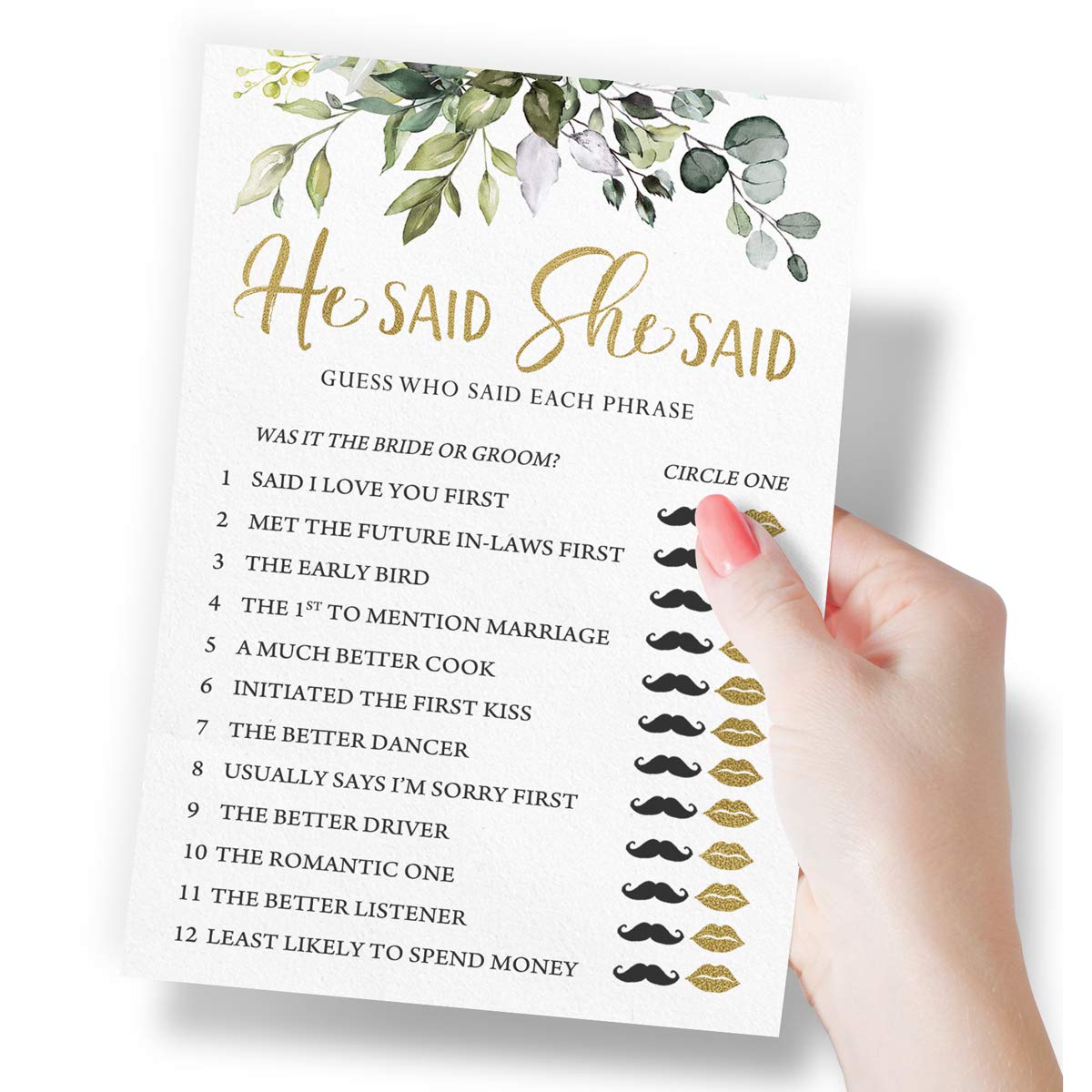 Printed Party Bridal Shower Games โ He Said She Said Game with Fun Bride and Groom Trivia, Wedding Shower Activity, Botanical Eucalyptus Theme, 50 Guests