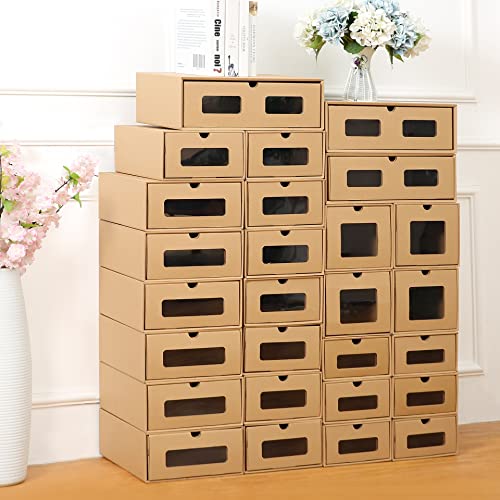 MYOYAY Shoe Box (20PCS) with Transparent Window, Waterproof Stackable Cardboard Storage Boxes, Heavy Duty Kraft Drawer Box for Shoes Sneaker Wardrobe Closet Organizer, 13.7 x 9 x5.3