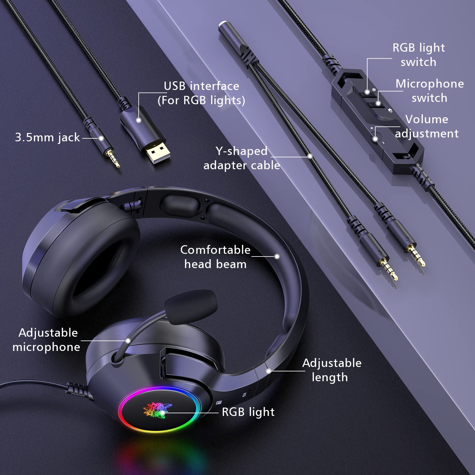 Gaming Headset with Microphone, Gaming Headphones RGB PS4 PS5 Headset with 360 Adjustable Noise Cancelling Mic, 3.5mm Audio Jack Over Ear Headphones Wired for PC Switch PlayStation Xbox Laptop