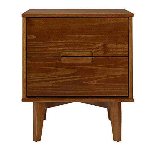 Walker Edison Mid Century Modern Grooved Handle Wood Nightstand Side Table Bedroom Storage Drawer and Shelf Bedside End Table, 2 Drawer, Walnut