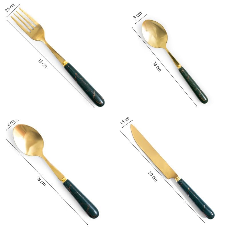 MGeezz Abstract Forest Green Ceramic Golden Stainless Steel Cutlery Set of 24 with Spoons, Forks & Knives with Stand Marble Design Handle with Exquisite Pattern Sets