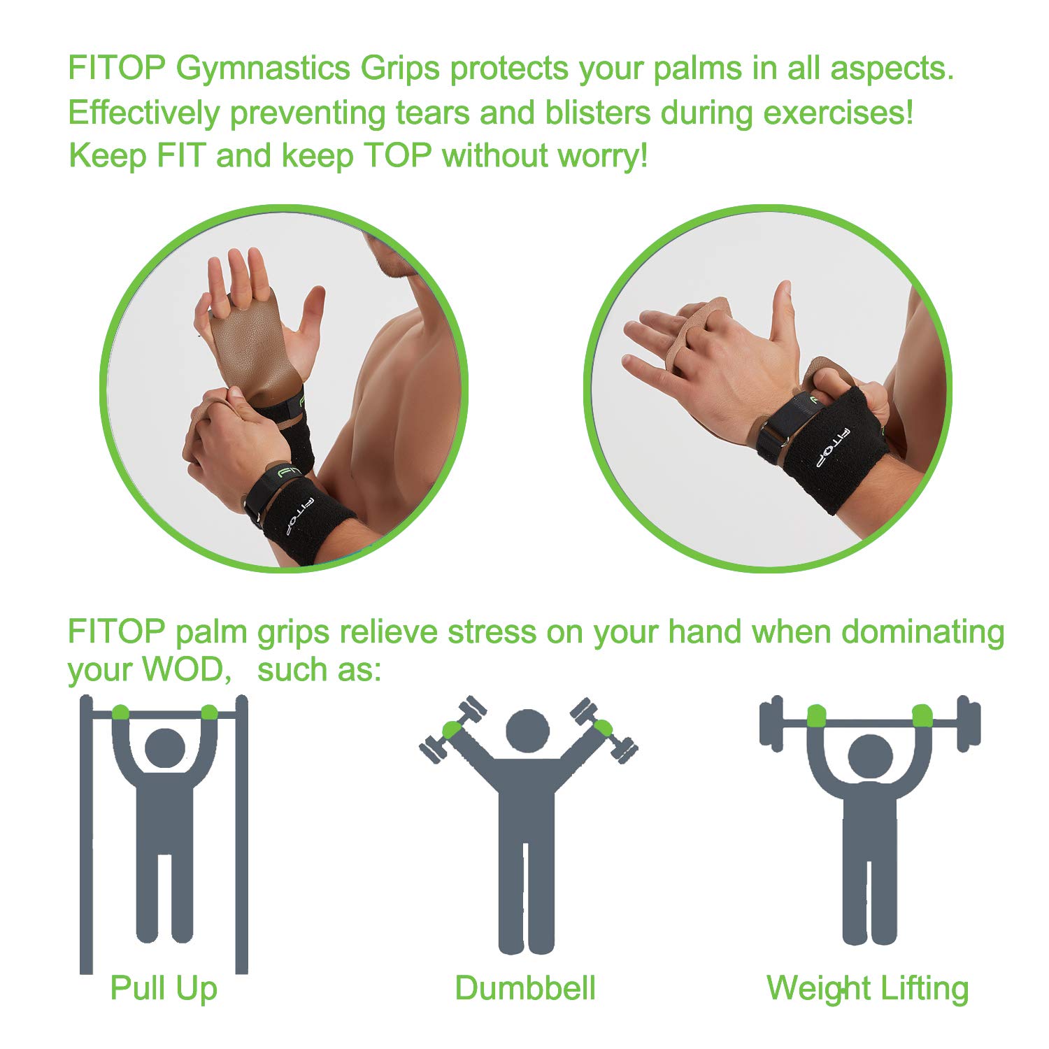 FITOP Gymnastics Grips 3 Hole Leather Bar Grip, Perfect for Pull Ups, WODs, Weight Lifting and Cross Training, Palm Protection and Wrist Straps Support