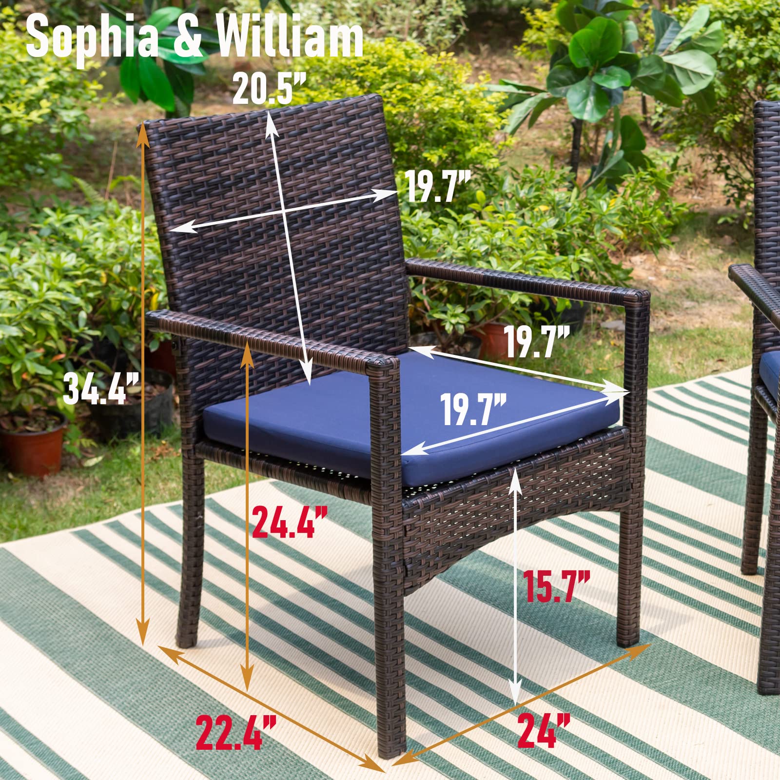 Sophia & William Patio Outdoor 2 Pieces Dining Chairs, Brown PE Rattan Armchair Sofa with Seat Cushions, Modern Outdoor Dining Conversation Furniture, Load Capacity: 330 lbs, 2 Pack