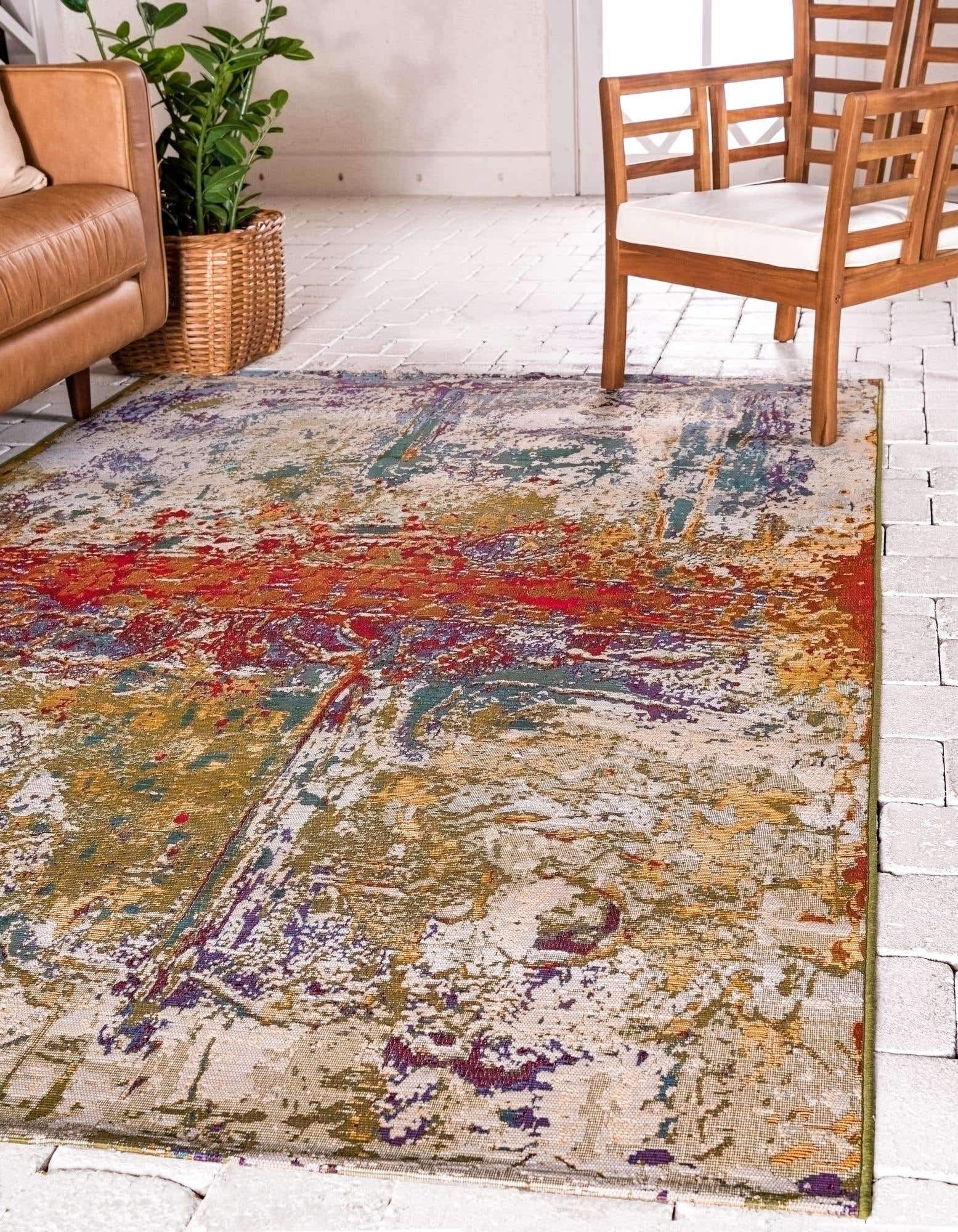 Unique Loom Outdoor Modern Collection Area Rug - Crumpled (7' 1" x 10' Rectangle, Multi/ Gold)