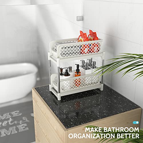 Under Sink Organizers and Storage, Bathroom Organizer with Pull Out Drawer, 2 Tier Sliding Cabinet Basket Organizer Drawer, Storage Shelf for Kitchen Bathroom Cleaning Supplies Organizer, 2 Pack,White