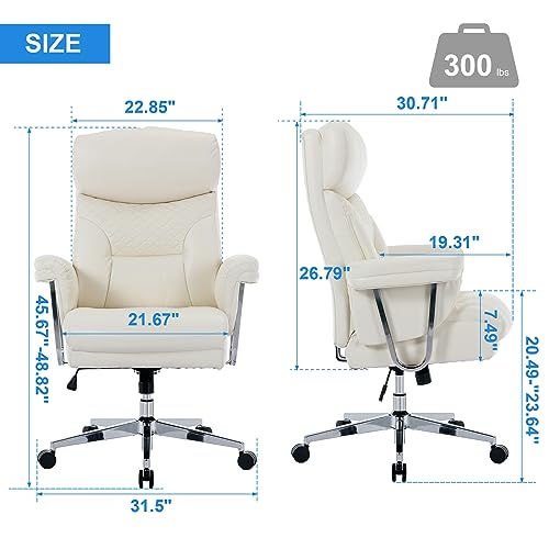 Ergonomic White Office Chair,PU Leather Desk Chair with Wheels,Adjustable Computer Chair,Swivel Task Executive Chair with Lumbar Support&Adjustable Rock Back Tension,Seat Height: 20.49"-23.64"