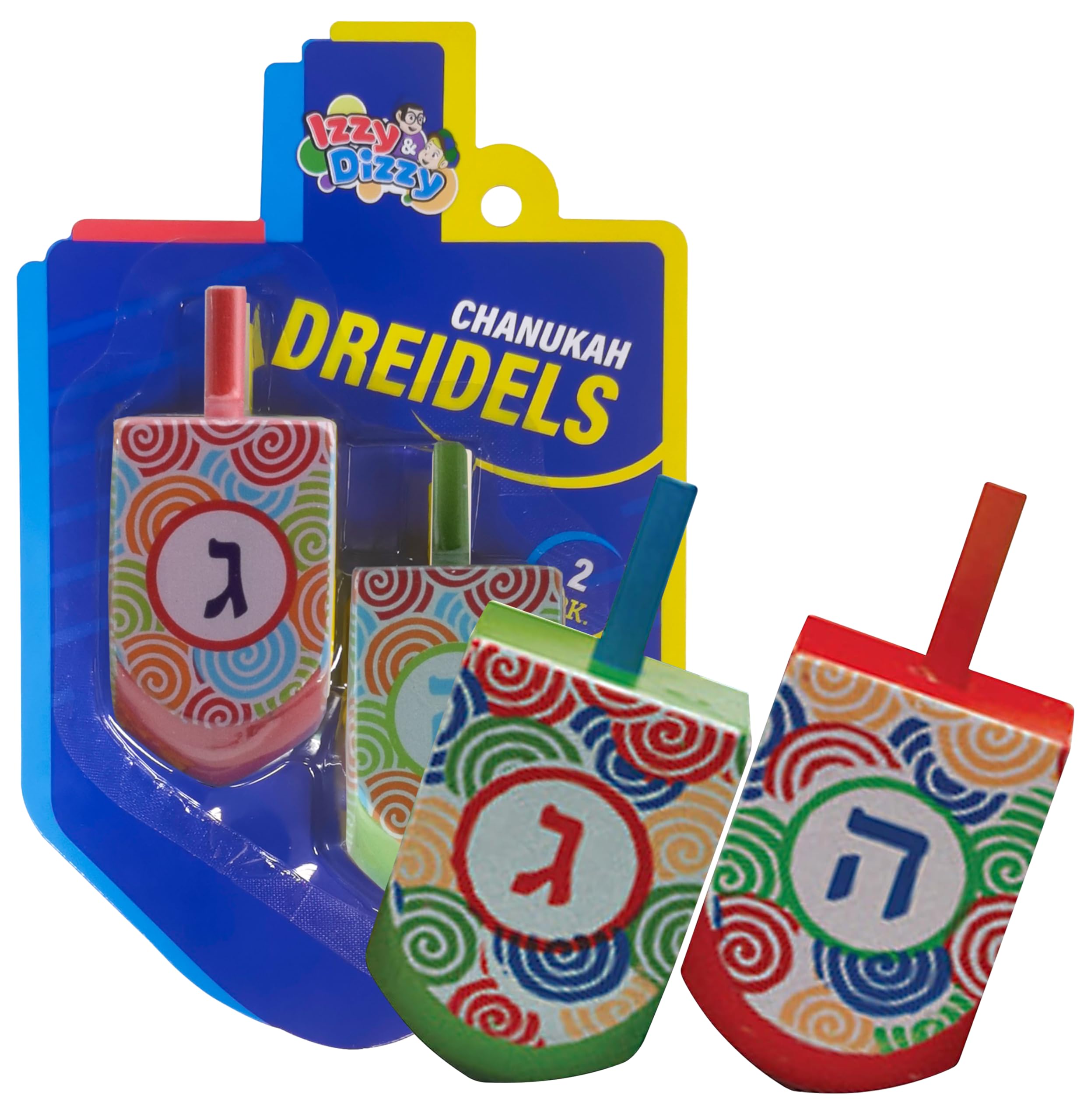 Hanukkah Dreidels - Extra Large Multi Colored Wooden Dreidel - 2 Pack