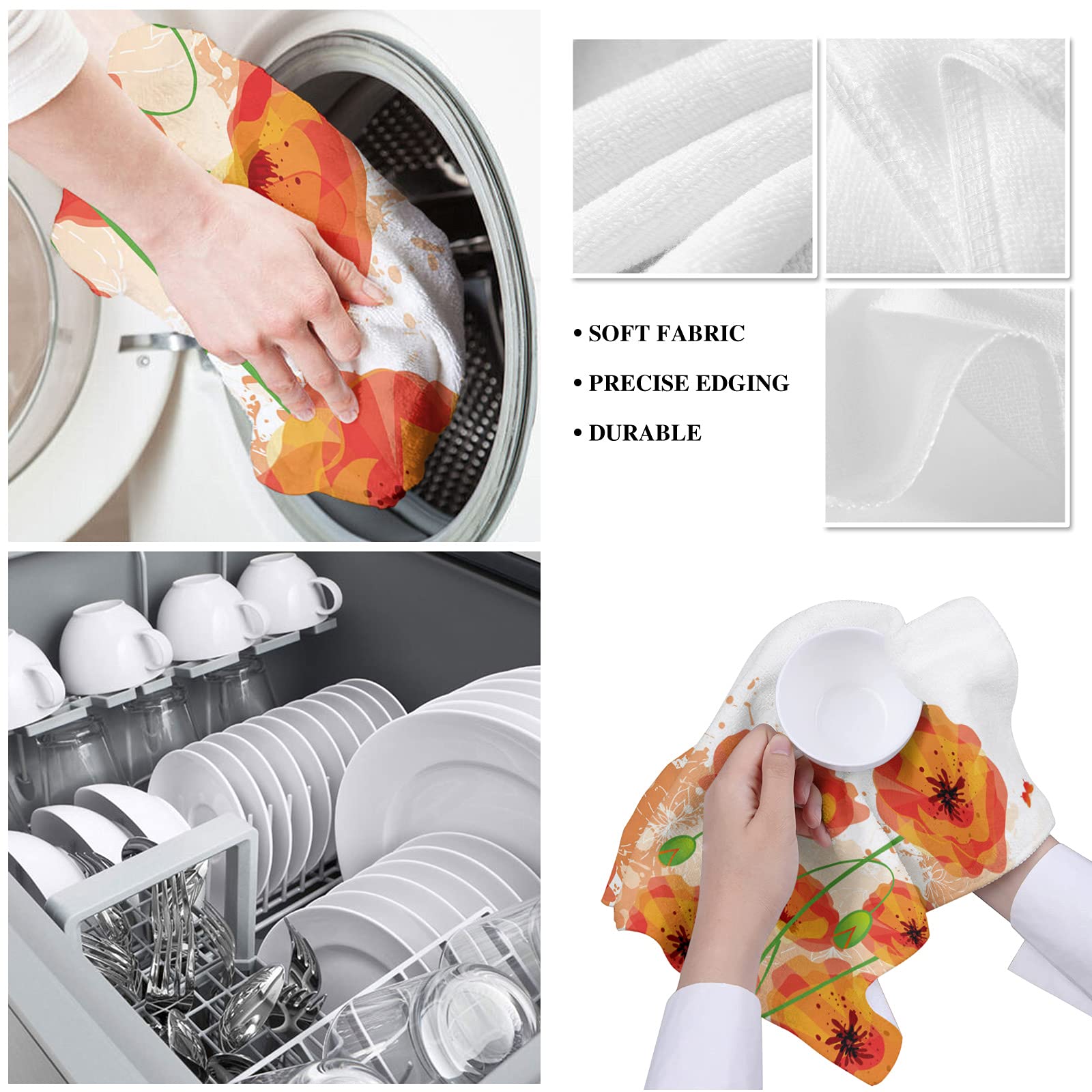 Kitchen Dish Towels 2 Pack-Super Absorbent Soft Microfiber,Orange Poppy Flower Poppy Cleaning Dishcloth Hand Towels Tea Towels for Kitchen Bathroom Bar