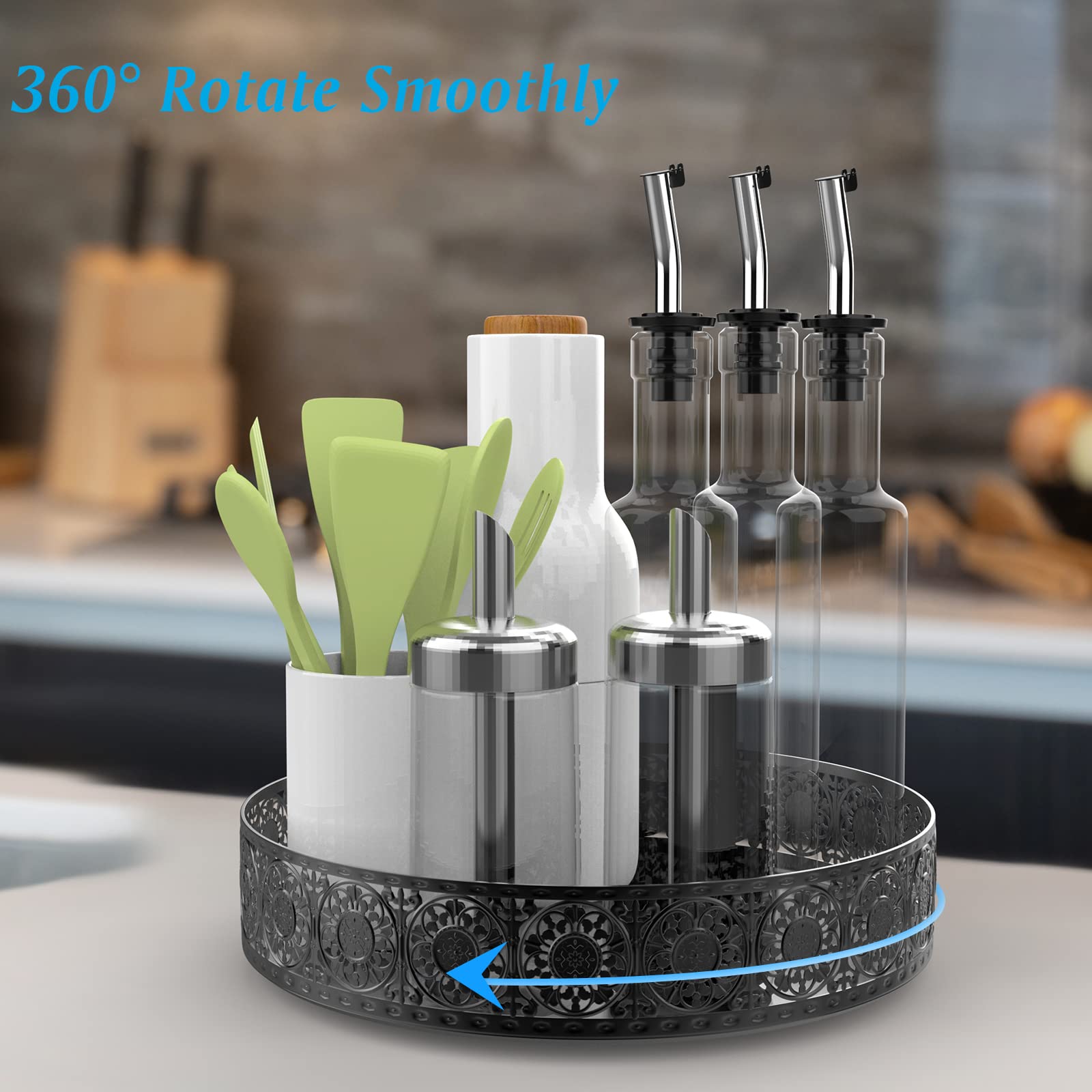 ITWIST Lazy Susan Organizer(2Pack), 11+12In Lazy Susan Turntable for Cabinet, Turntable Organizer with Non-Slip Pad,Spice Rack Organizer for Kitchen, Fridge,Bathroom, Pantry,Vanity (Flower-Black)