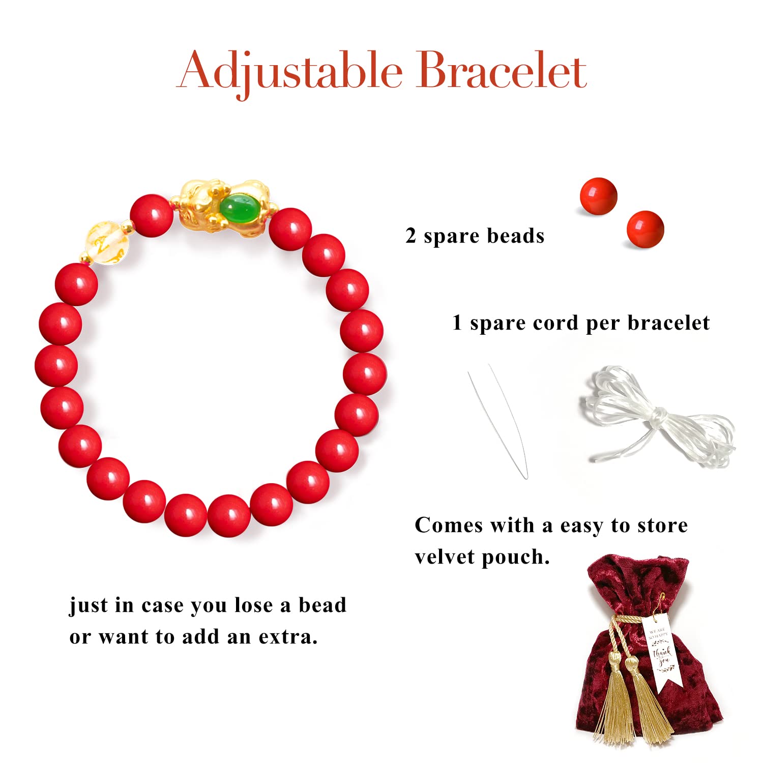 Feng Shui Bracelet 8MM Red Cinnabar Bracelet Attract Wealth and Good Luck Amulet Dragon Bracelet Prosperity Adjustable Elastic Beaded Bracelets