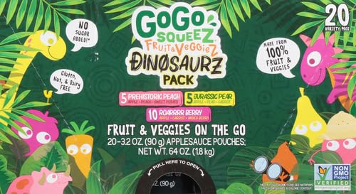 GoGo squeeZ Fruit & veggieZ Variety Pack, Jurassic Pear, Roarrrr Berry & Prehistoric Peach, 3.2 oz (Pack of 20), Unsweetened Snacks for Kids, No Gluten, Nut & Dairy, Recloseable Cap, BPA Free Pouches